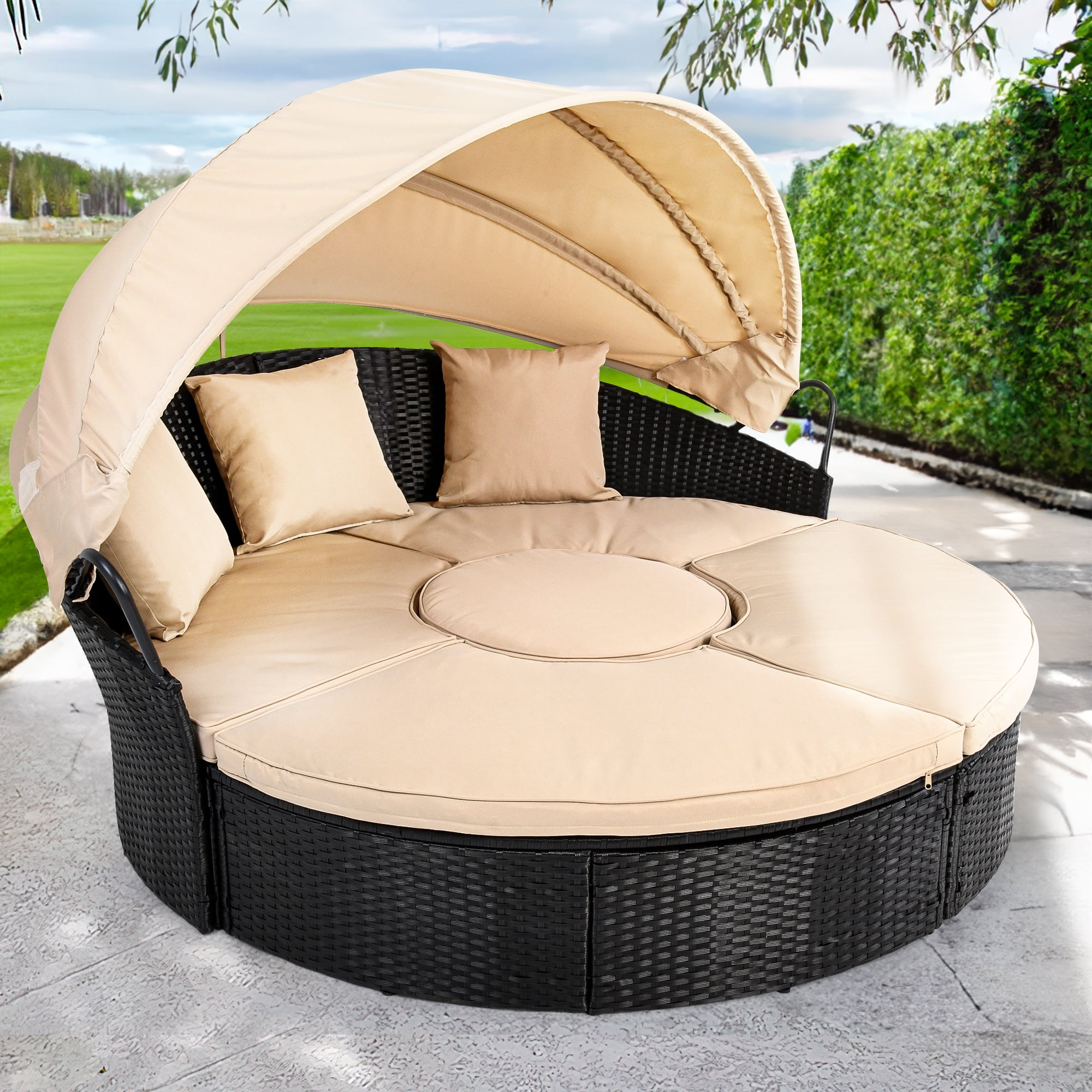 Dextrus Round Outdoor Daybed with Retractable Canopy and Rattan Wicker ...