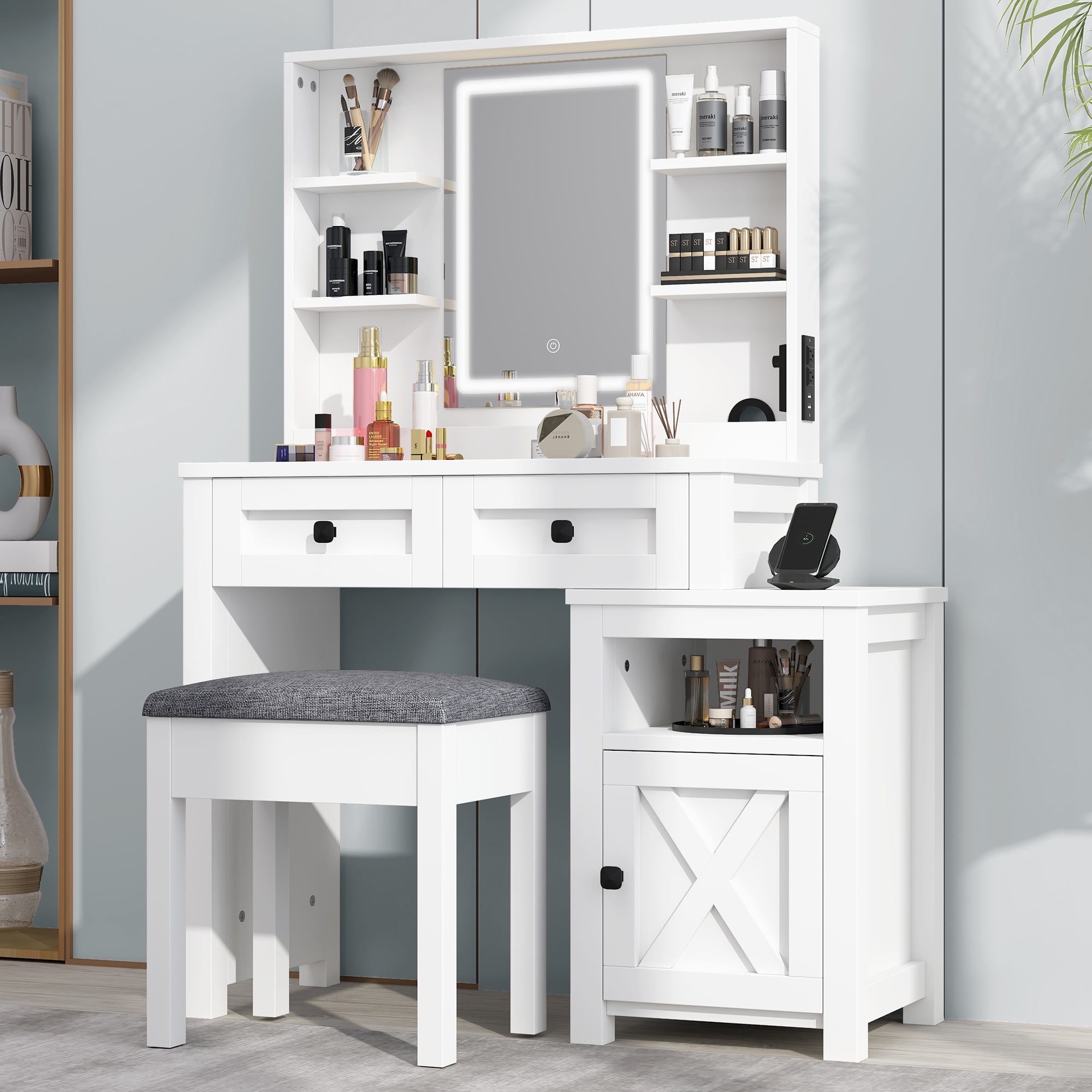 Dextrus Rustic Vanity Desk with Tri-Color LED Mirror, Storage Drawers ...