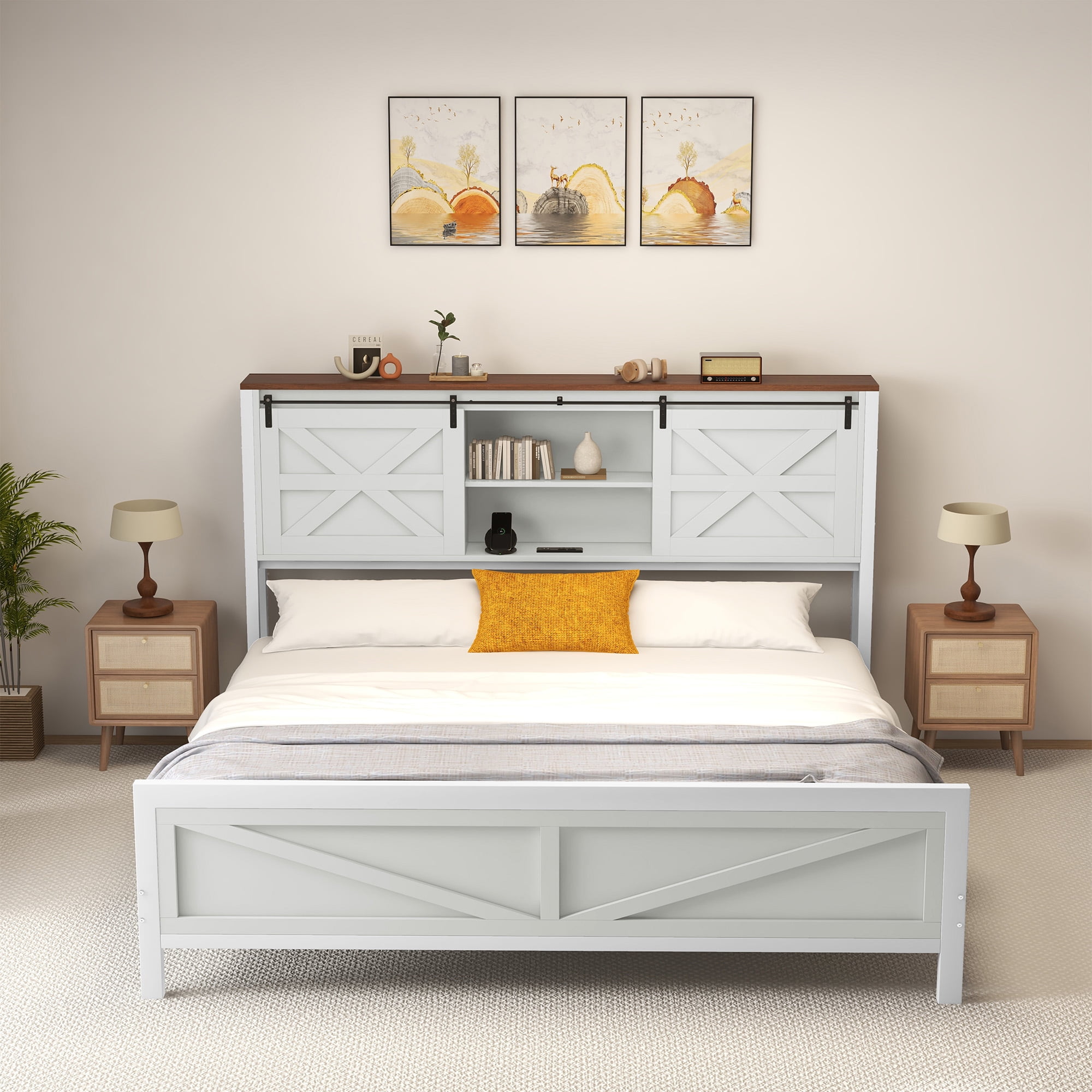 Dextrus Rustic Wooden King Bed Frame with Bookshelf Headboard, Sliding ...
