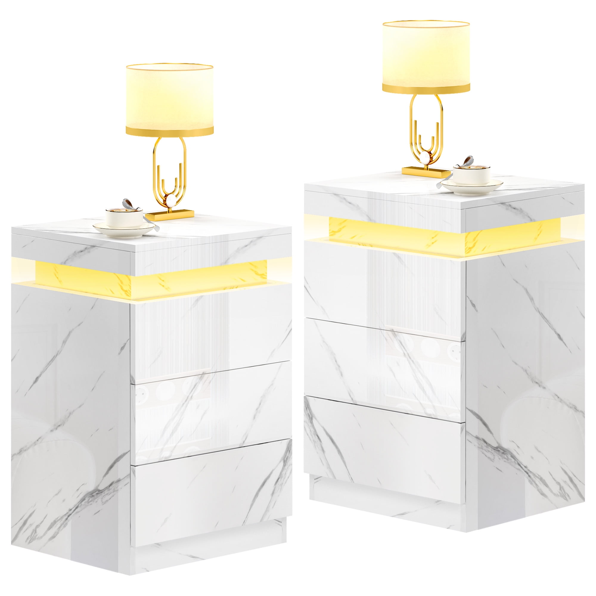 Dextrus LED Nightstands, Set of 2, High Gloss, 4-Drawer, Adjustable RGB ...