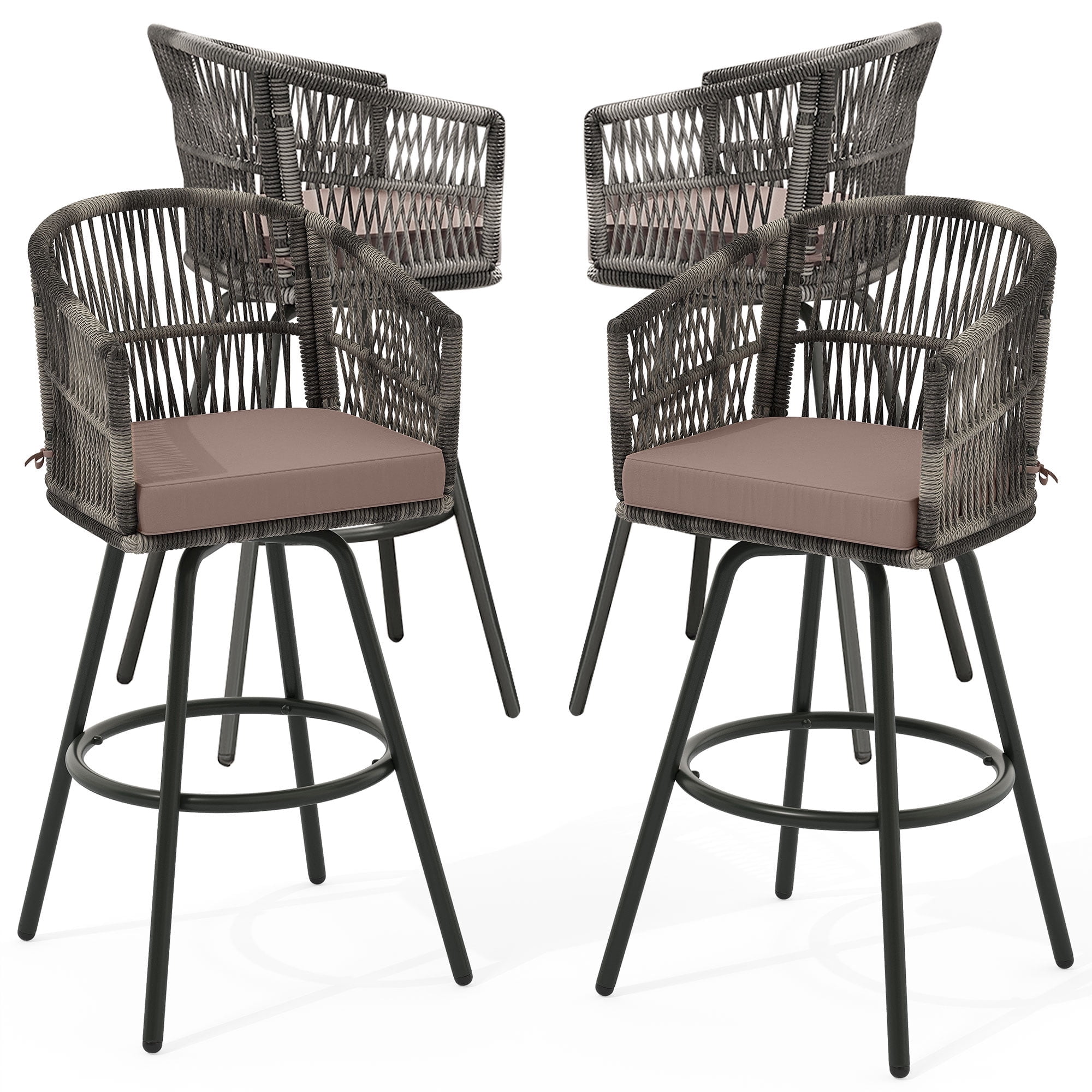 Dextrus 4-Piece Outdoor Rattan Wicker Swivel Bar Stools, High Patio ...
