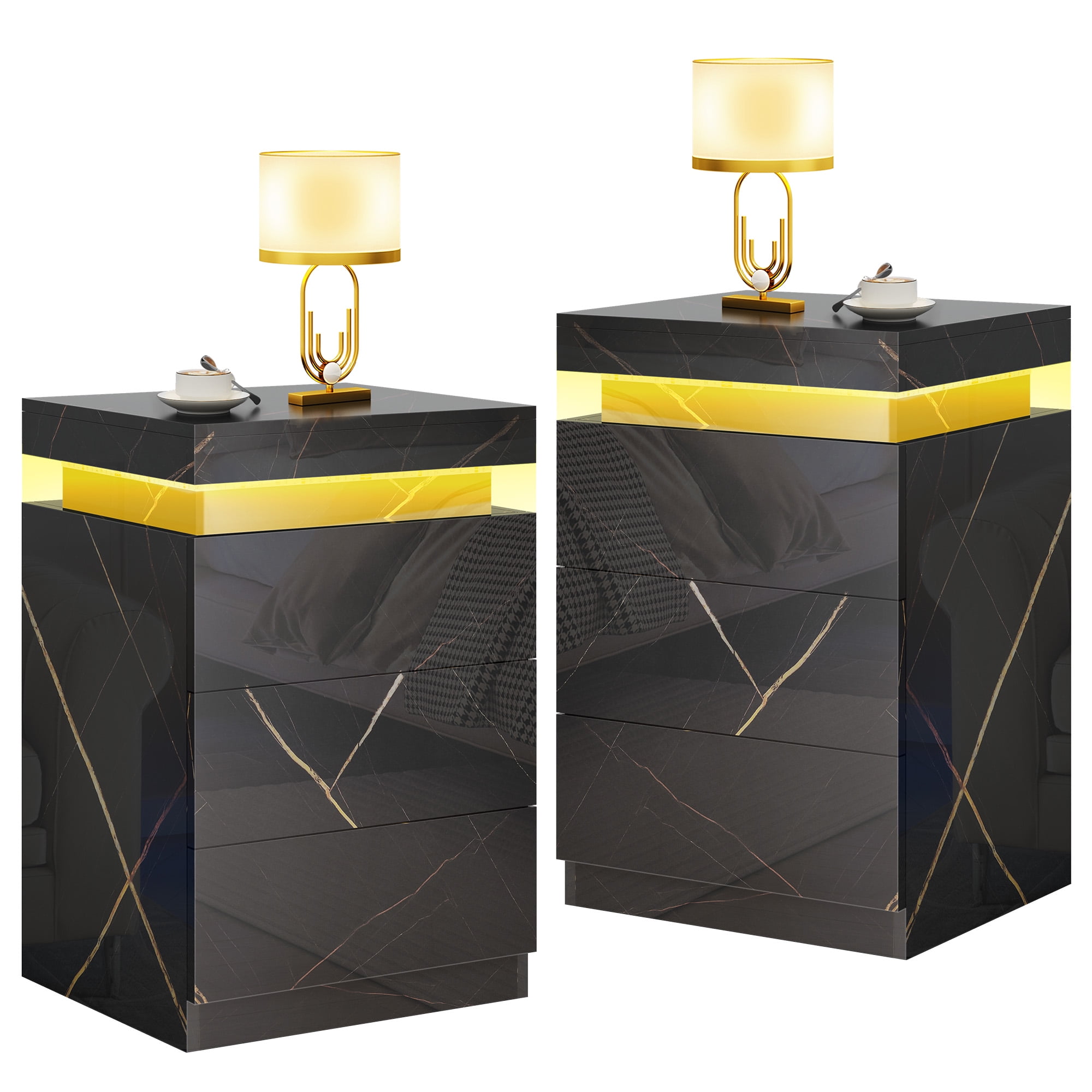 Dextrus Set of 2 LED Nightstand with 3 Drawers, LED Bedside Table, High ...