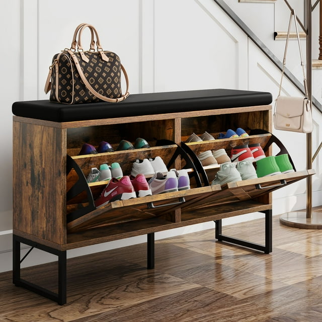 Dextrus Shoe Bench Cabinet with 2 Flip Drawer & Padded Cushion, Shoe ...