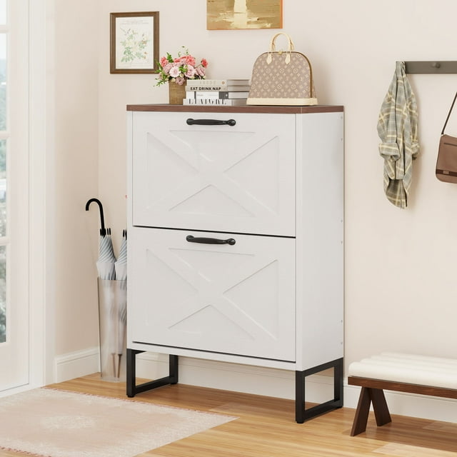 Dextrus Farmhouse Shoe Cabinet with 2 Flip Drawers, Free Standing ...