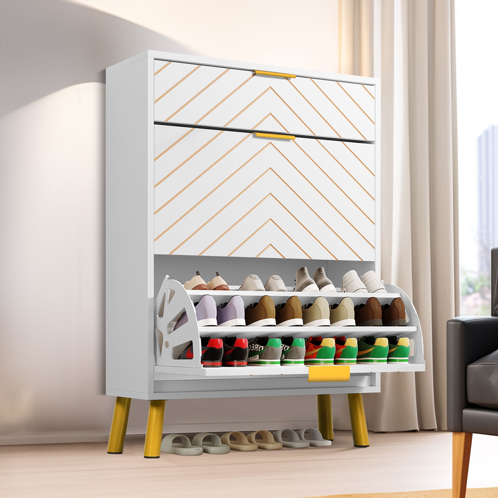 Dextrus Shoe Cabinet with 2 Flip Drawers, Free Standing Tipping Bucket ...