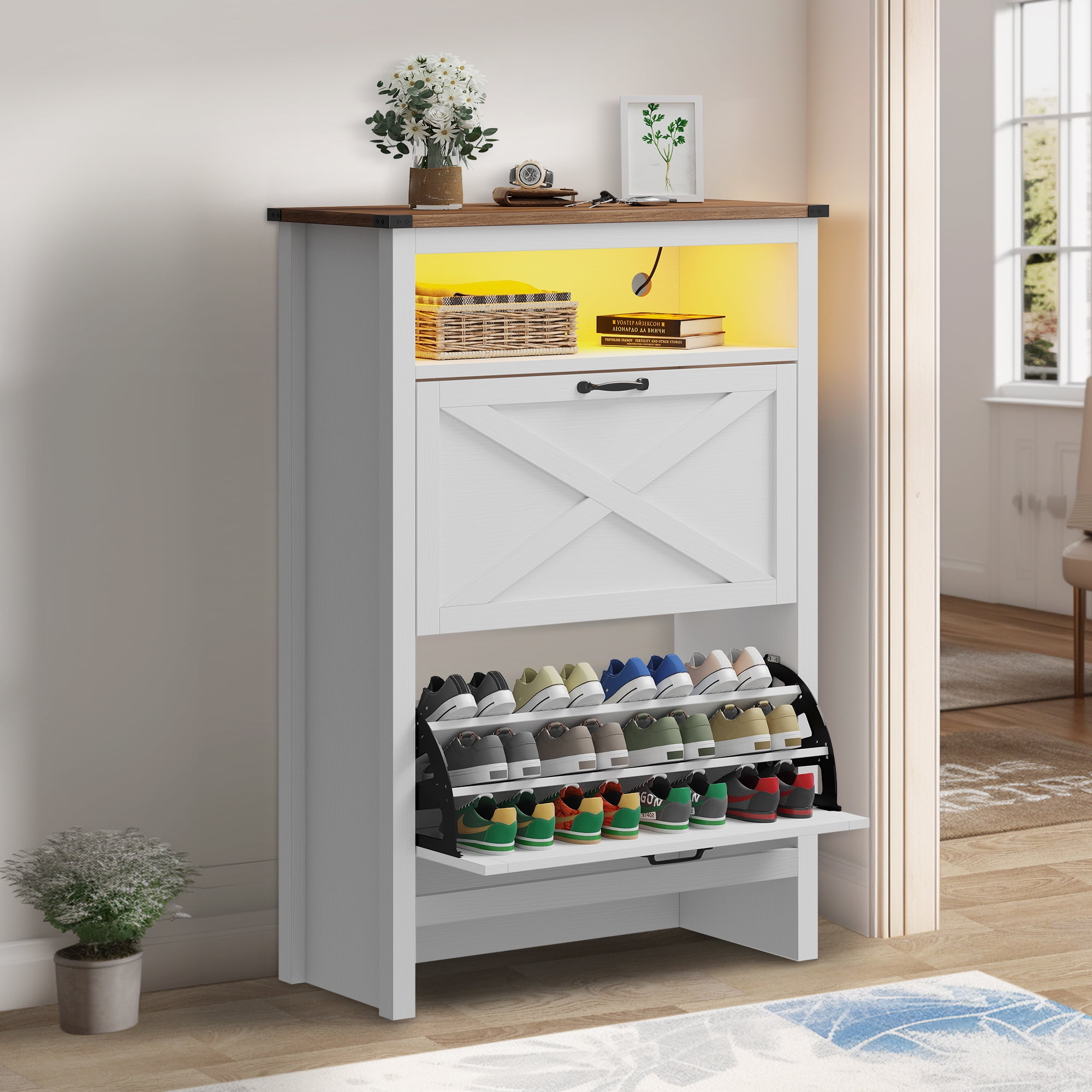 Dextrus Shoe Cabinet with 2 Flip Drawers &Open Shelf &Led Light , Shoe ...