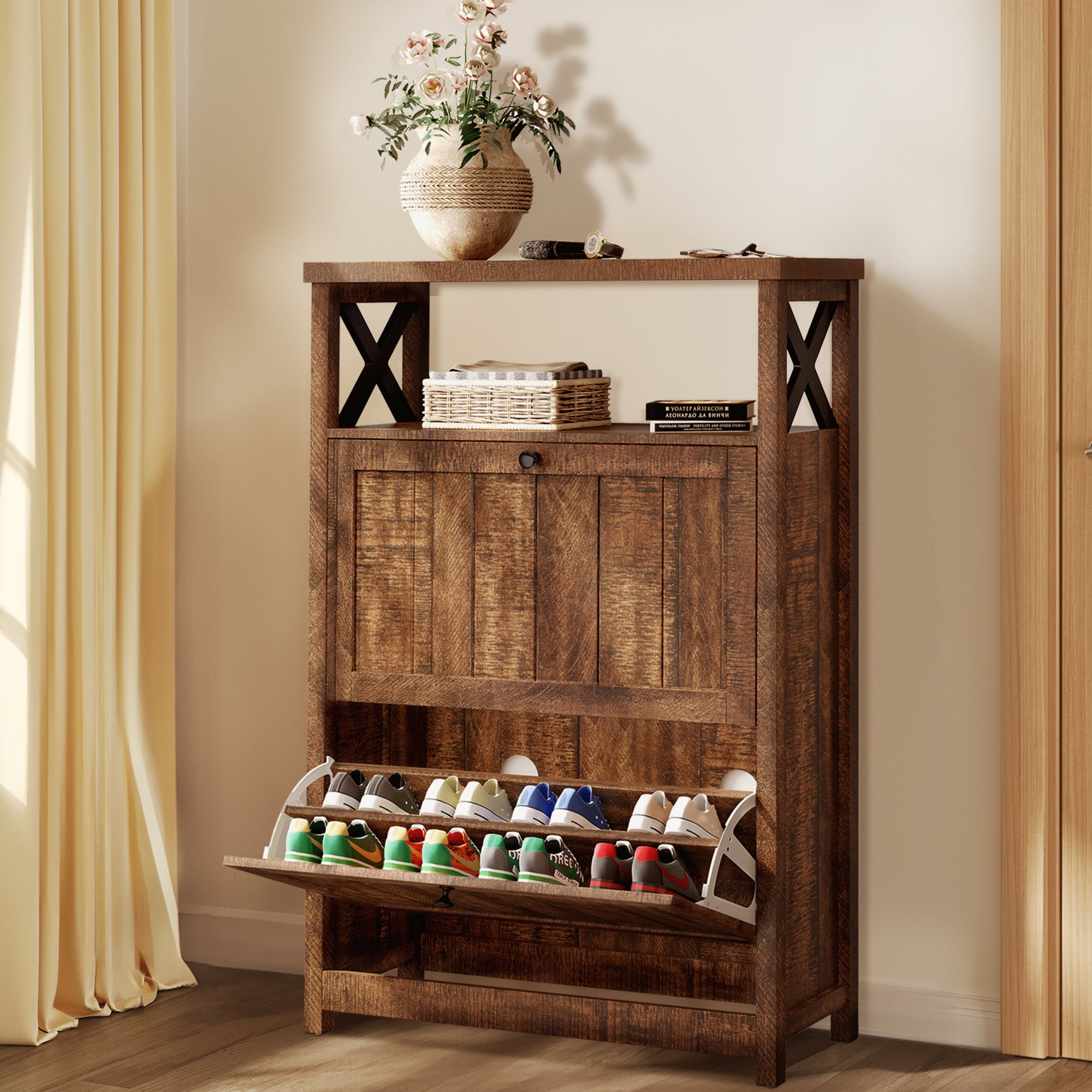 Dextrus Shoe Cabinet with 2 Flip Drawers & Open Shelves, Modern ...