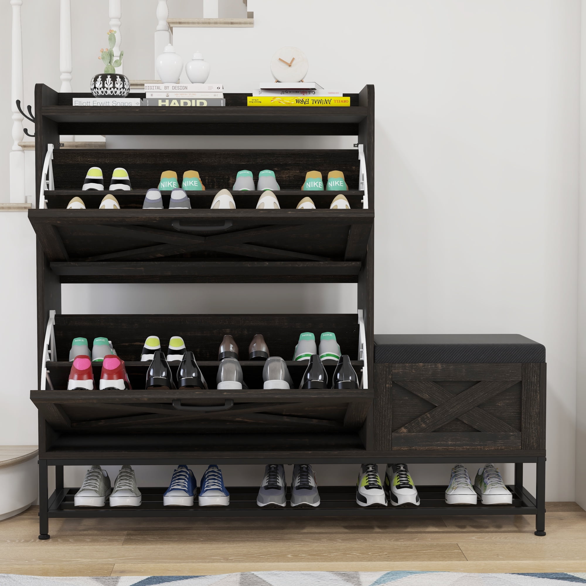 Dextrus Shoe Cabinet with with 2 Flip Drawers&Shoe Bench,Farmhouse ...