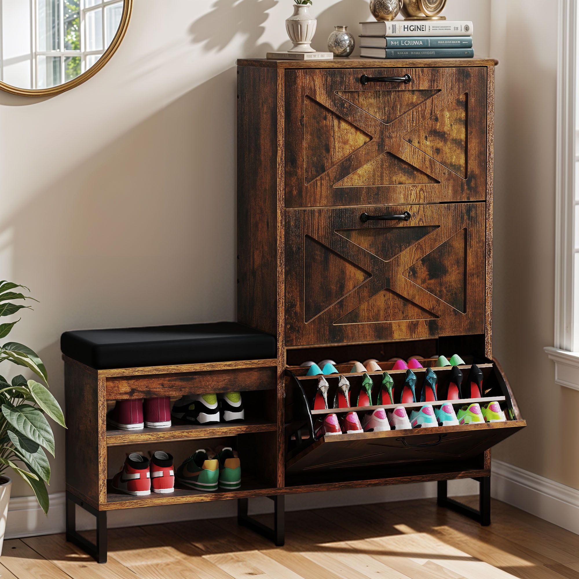 Dextrus Shoe Cabinet with 3 Flip Drawers & Open Shelf , Farmhouse Shoe ...
