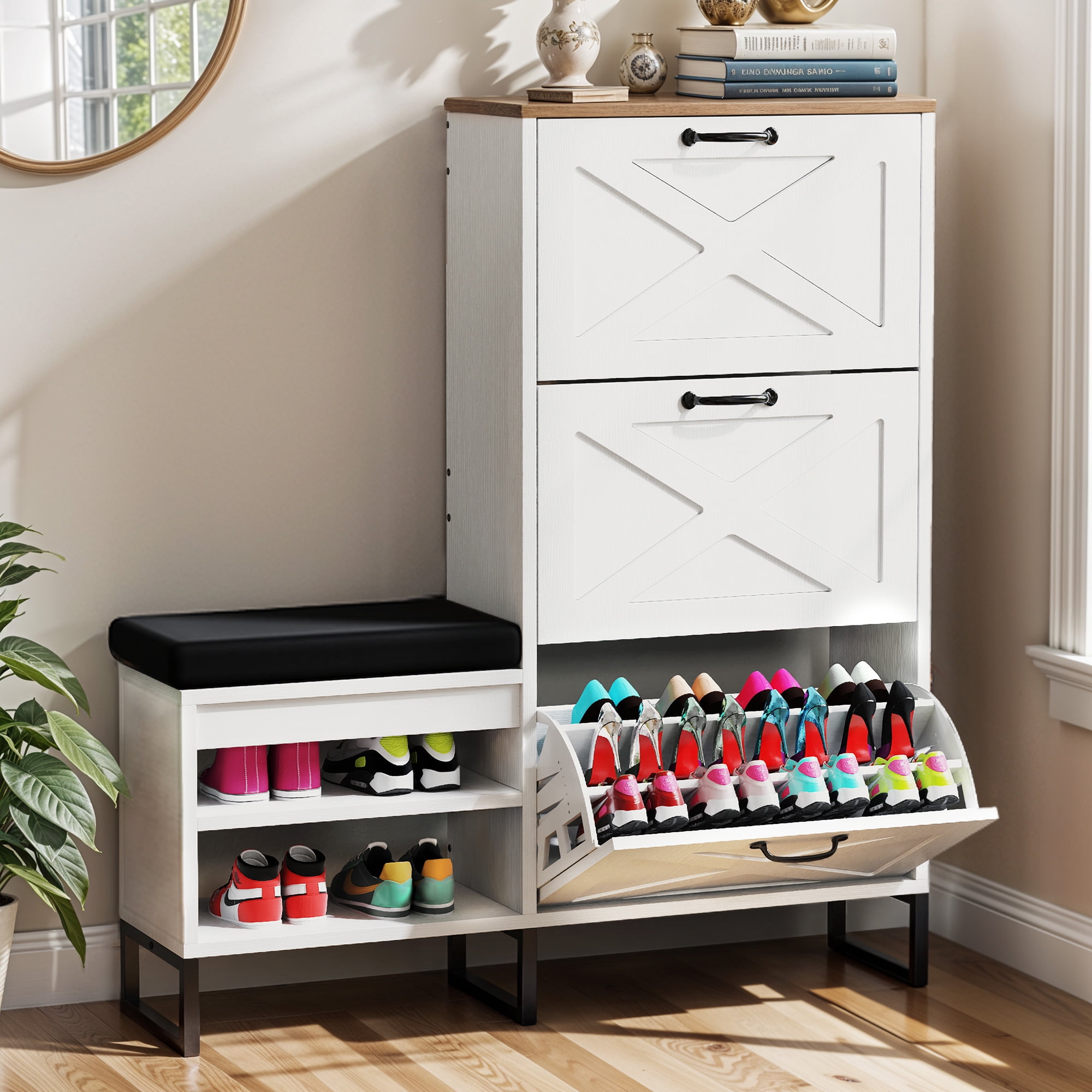 Dextrus Shoe Cabinet with 3 Flip Drawers & Open Shelf , Farmhouse Shoe ...
