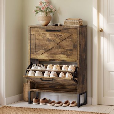 Farmhouse Shoe Storage Cabinet with Barn Door Design, Shoe Organizer ...