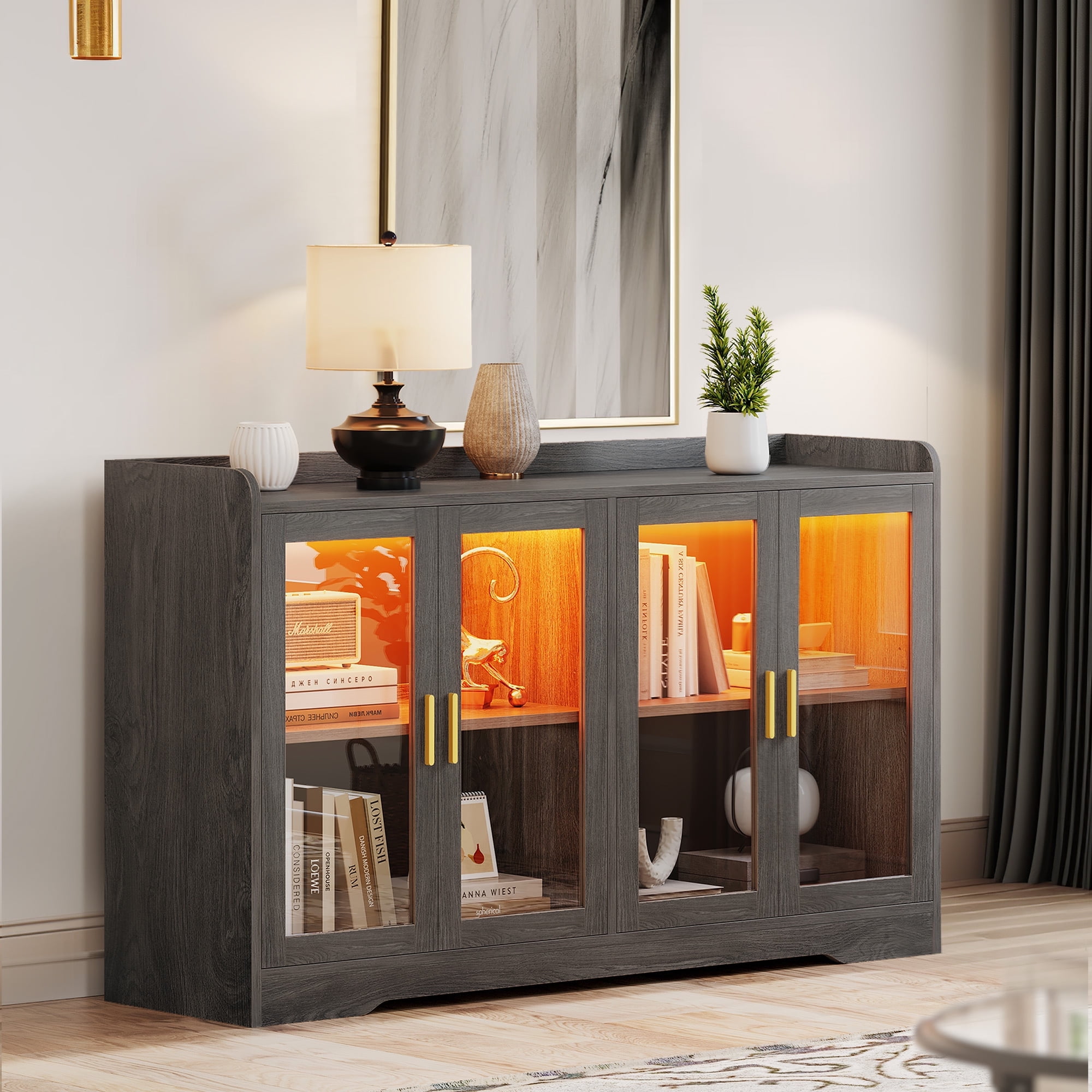 Dextrus Sideboard with LED Light & Doors, Modern Wood Acrylic Glass ...