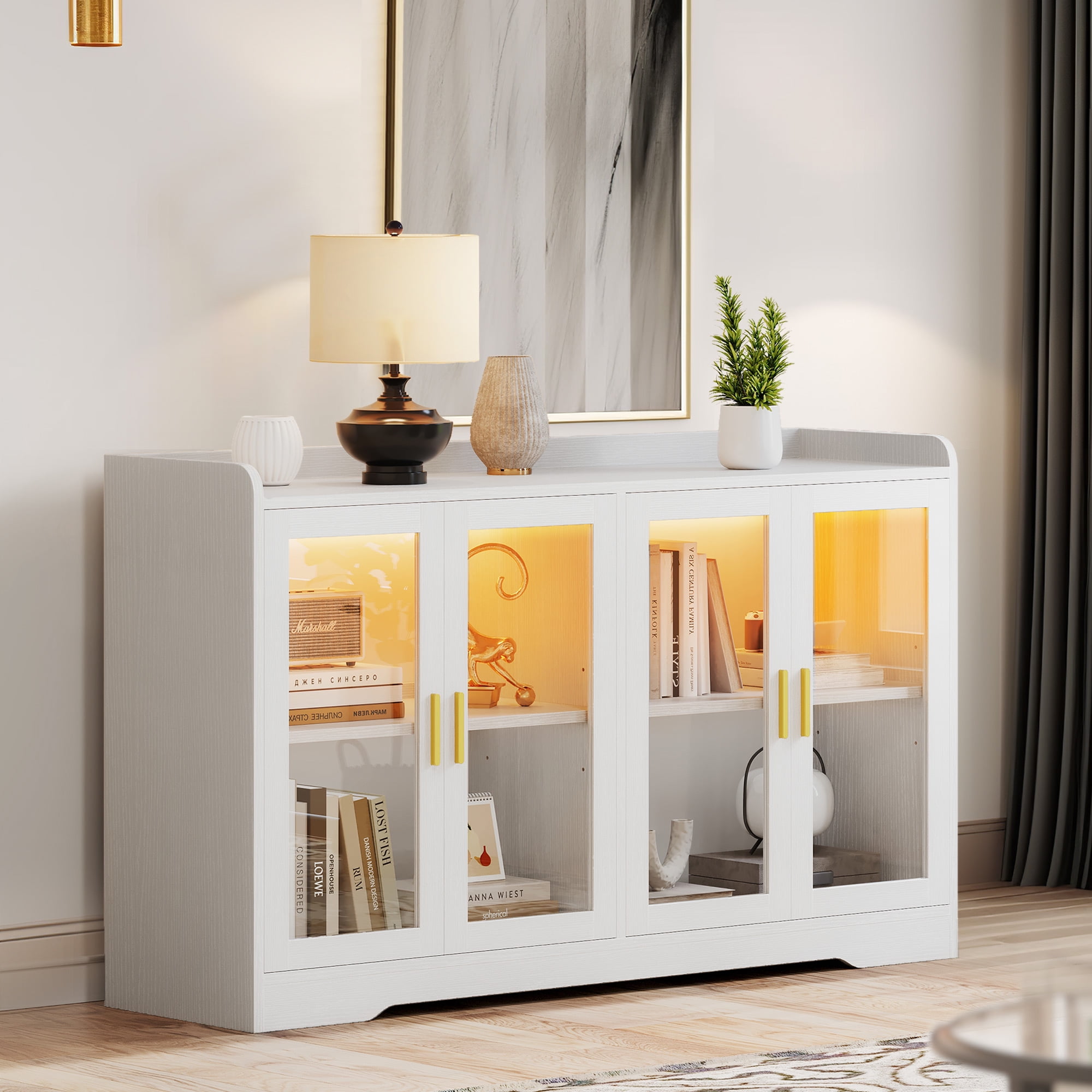 Dextrus Modern Wood Acrylic Glass Sideboard Buffet Cabinet with LED Light Doors Dining Room Storage