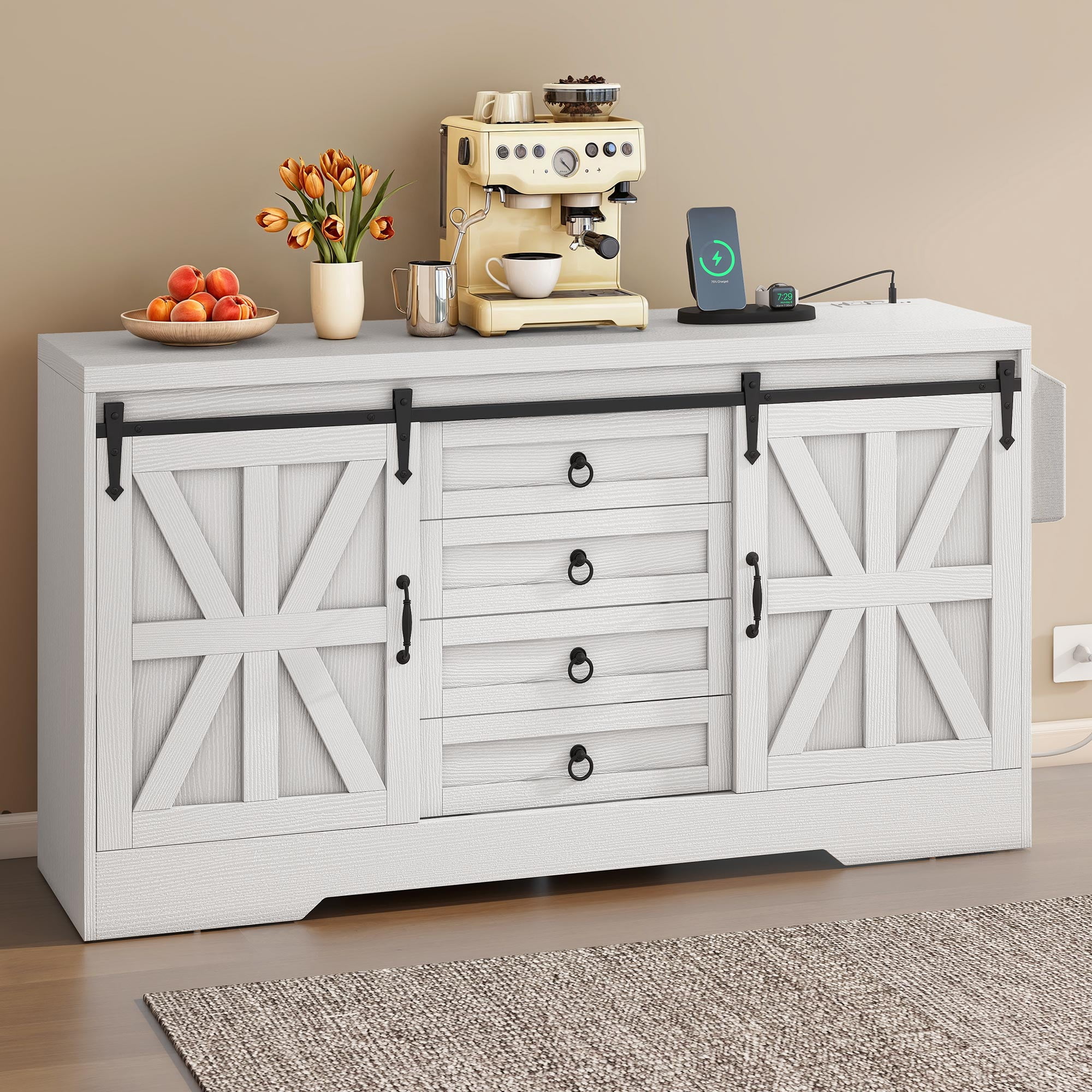 Dextrus Sideboard Storage Cabinet with Power Outlets, Farmhouse Kitchen ...