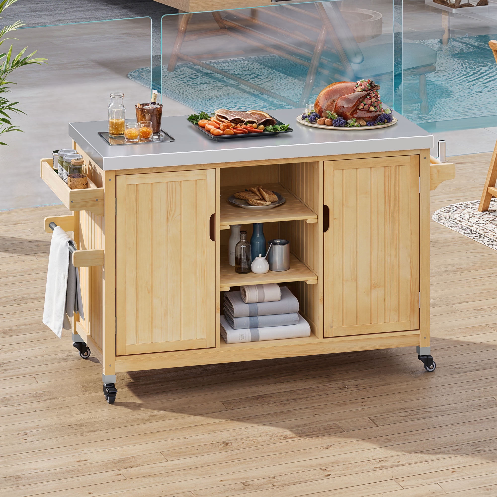 Dextrus Solid Wood Outdoor Movable Grill Table and Storage Cabinet with ...