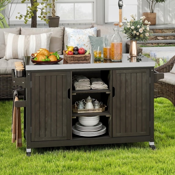 Dextrus Solid Wood Outdoor Movable Grill Table and Storage Cabinet with ...
