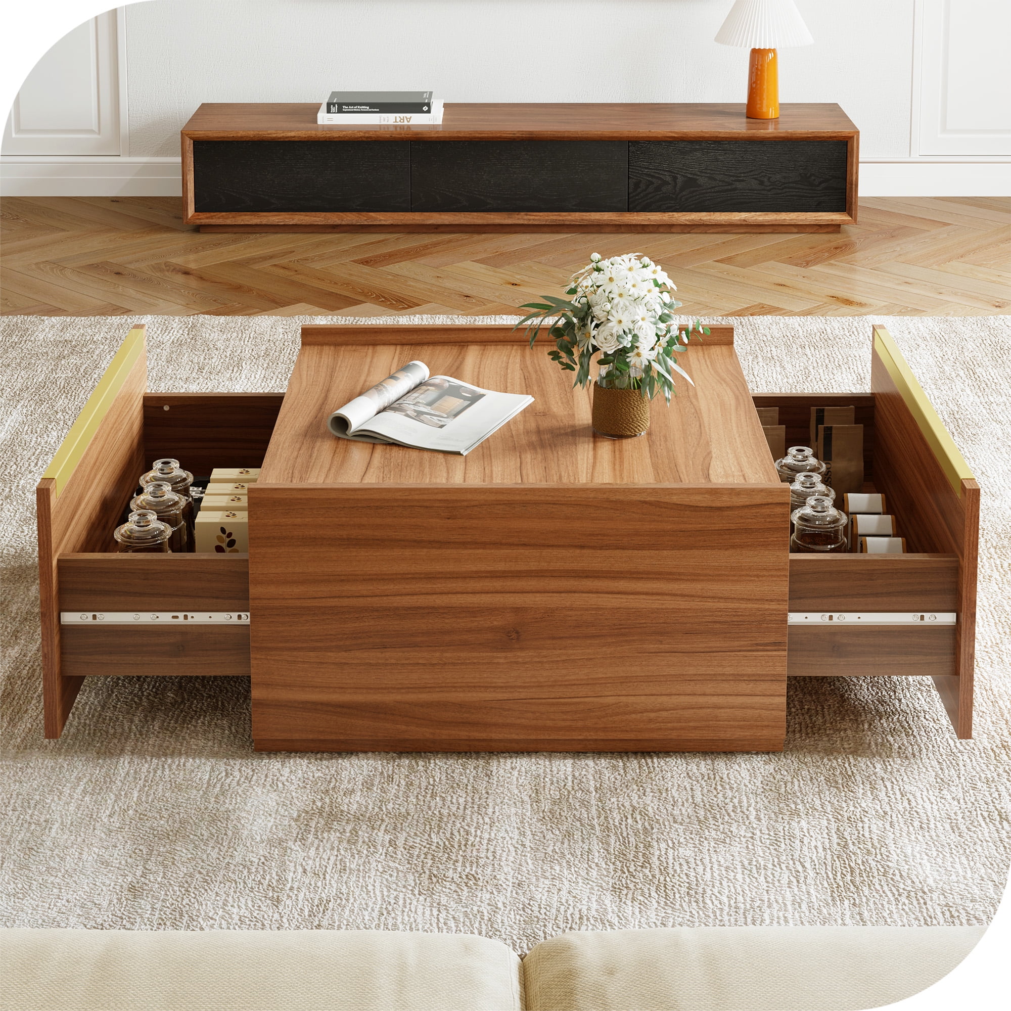 Dextrus Square Coffee Table with Storage Coffee Tables for Living Room Large Table with Drawers for Bedroom Gold Metal Handle Brown Size 33.1 x