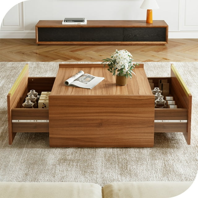 Dextrus Brown Coffee Table with Storage Drawers and Gold Handle for ...