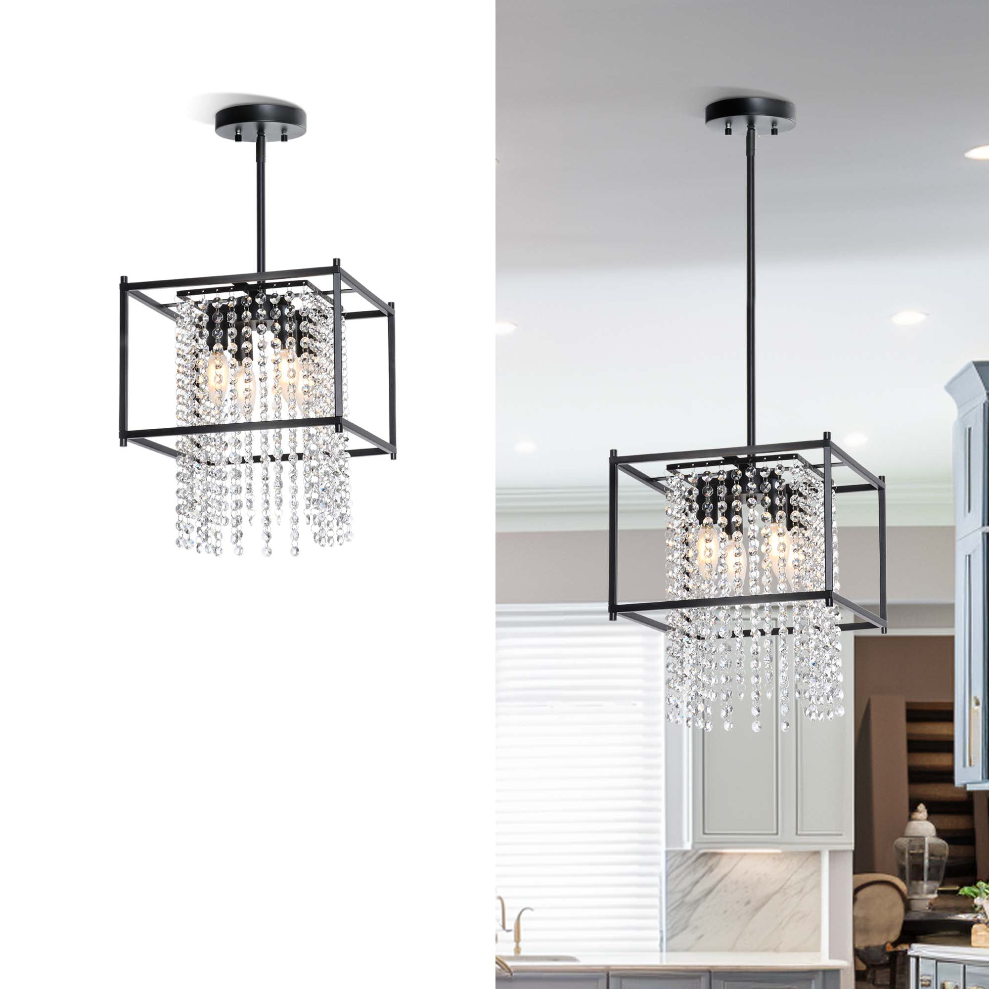 DEXTRUS Square Crystal Chandeliers, 4-Light Black Metal Crystal Pendant ...