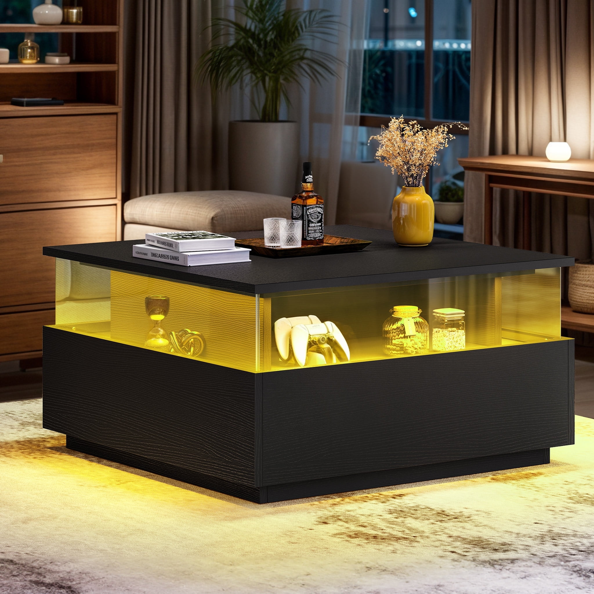 Dextrus Square LED Coffee Table with 4 Drawers, Acrylic Living Room ...