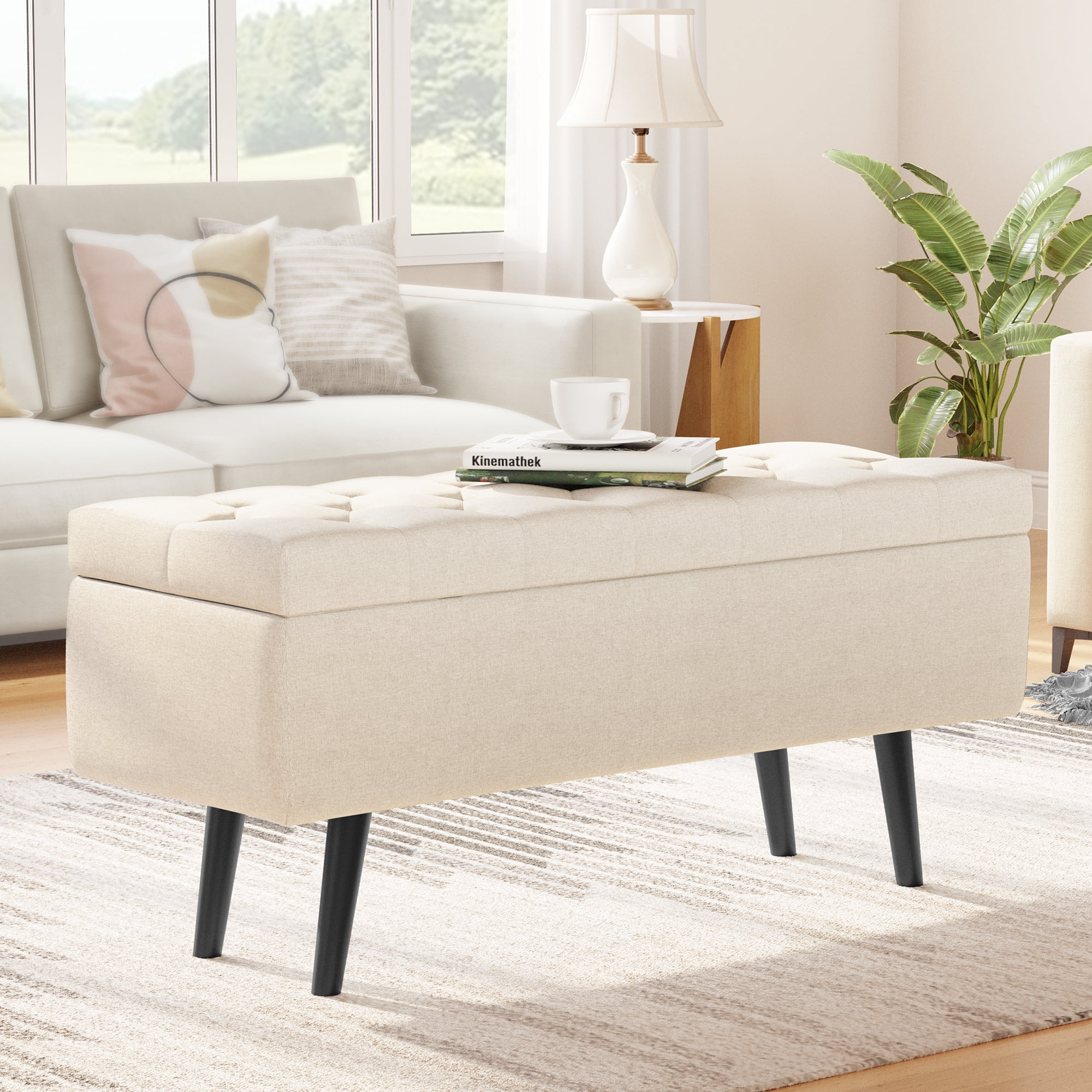 Dextrus Large Ottoman Bench with Storage, Beige Linen, Ideal for ...