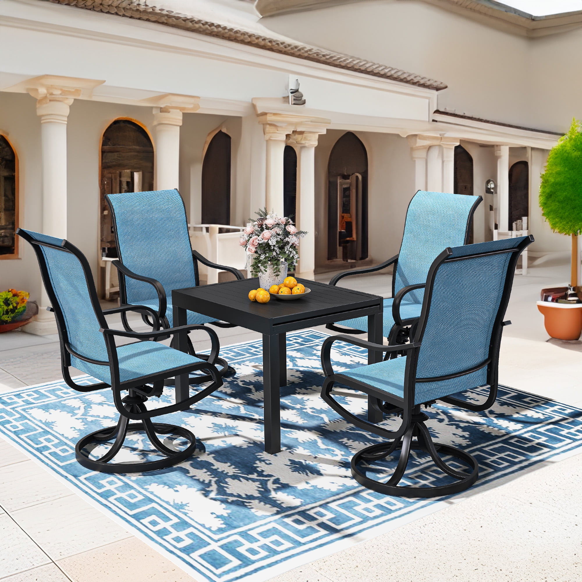 Dextrus 5 Piece Modern Outdoor Aluminum Dining Table Set, Blue ...
