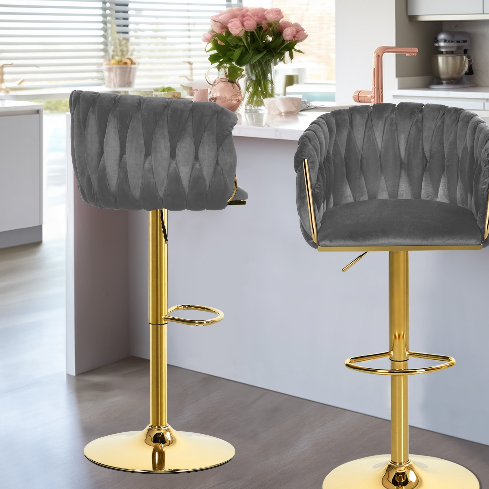Dextrus Swivel Velvet Bar Stools Set of 2, Adjustable Height Counter ...