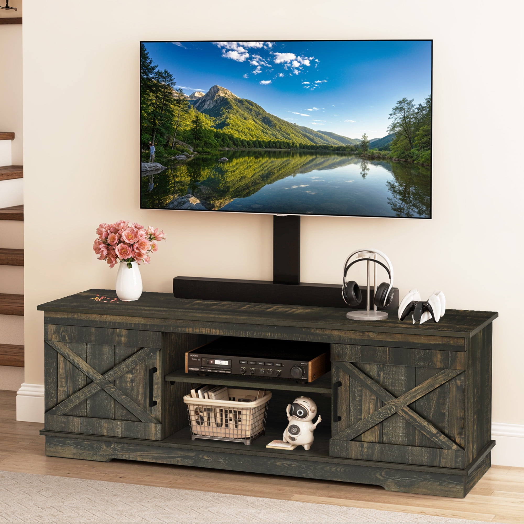 Dextrus TV Stand with Mount for 60/65/70 inch TVs, Farmhouse TV Mount ...
