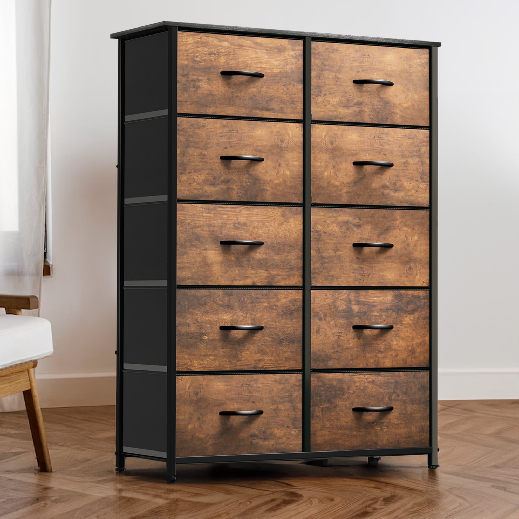Dextrus 10-Drawer Wooden Clothes Storage Tower, Rustic Brown, Steel ...