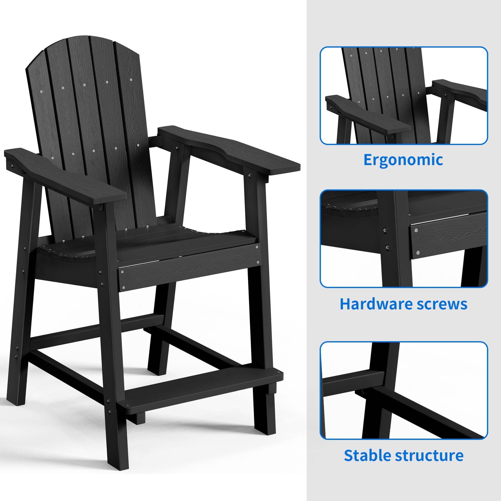 Dextrus Tall Adirondack Chair, Poly Lumber Outdoor Bar Stools with Wide ...