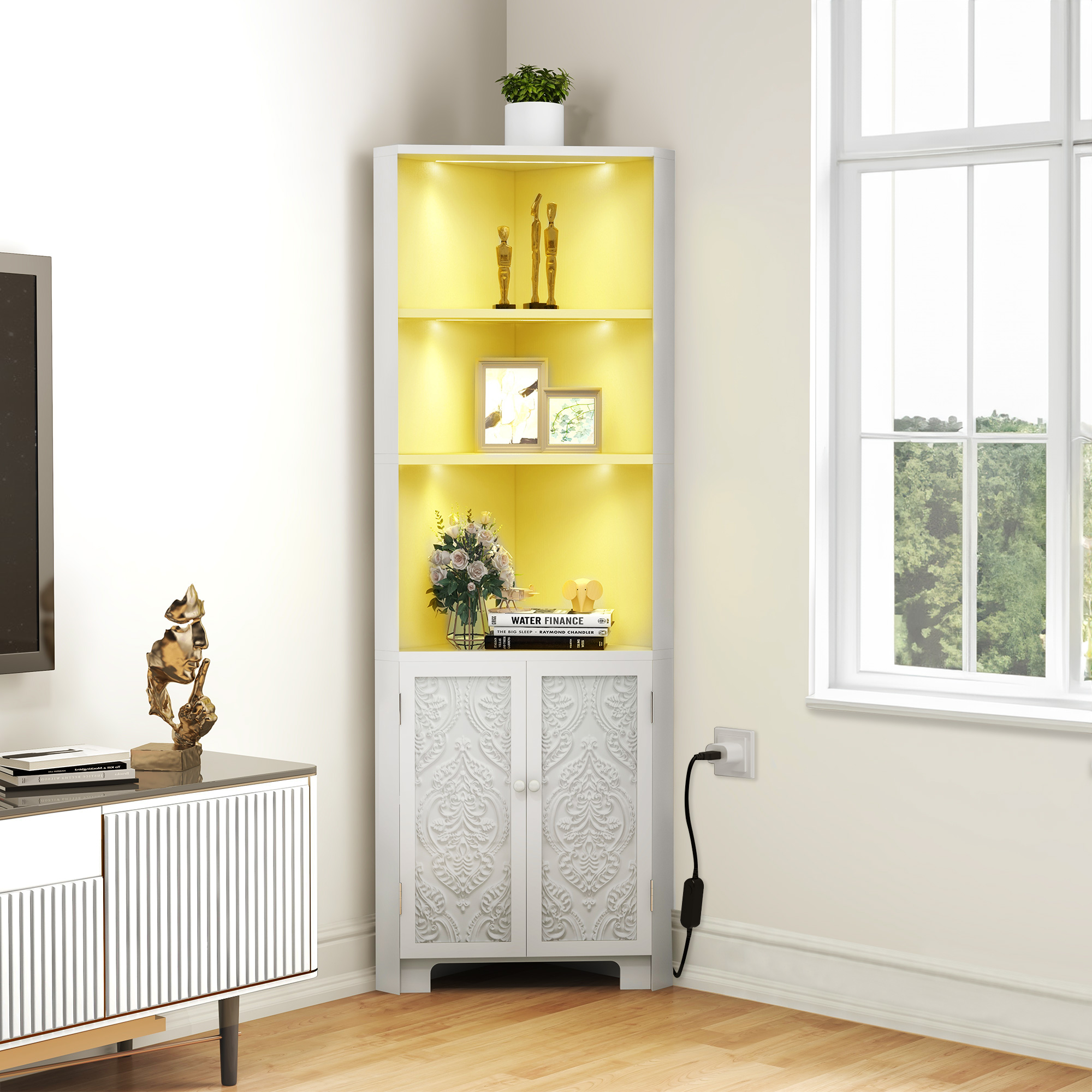 Dextrus Tall Corner Cabinet with LED Lights, 67" Modern Free Standing ...