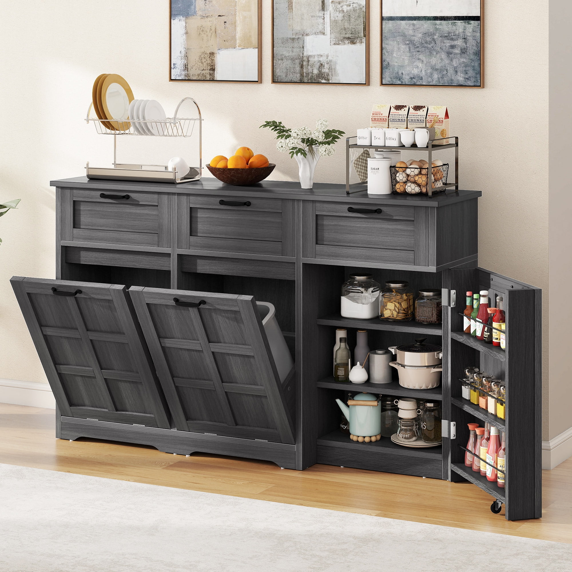 Dextrus Tilt Out Trash Can Cabinet with Drawers & Doors, Kitchen ...