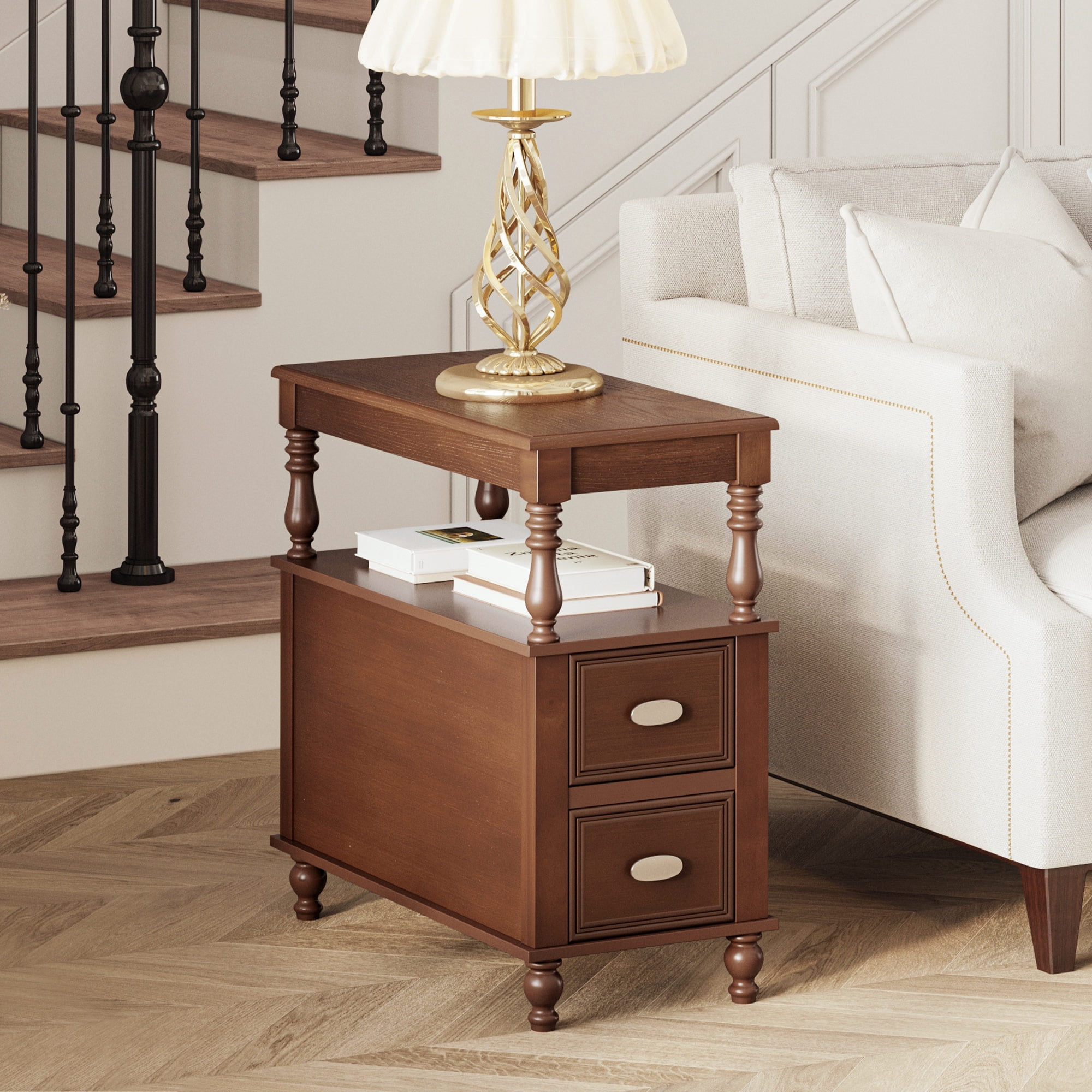 Dextrus Traditional Rubber Wood End Table with Open Shelves & Drawers ...