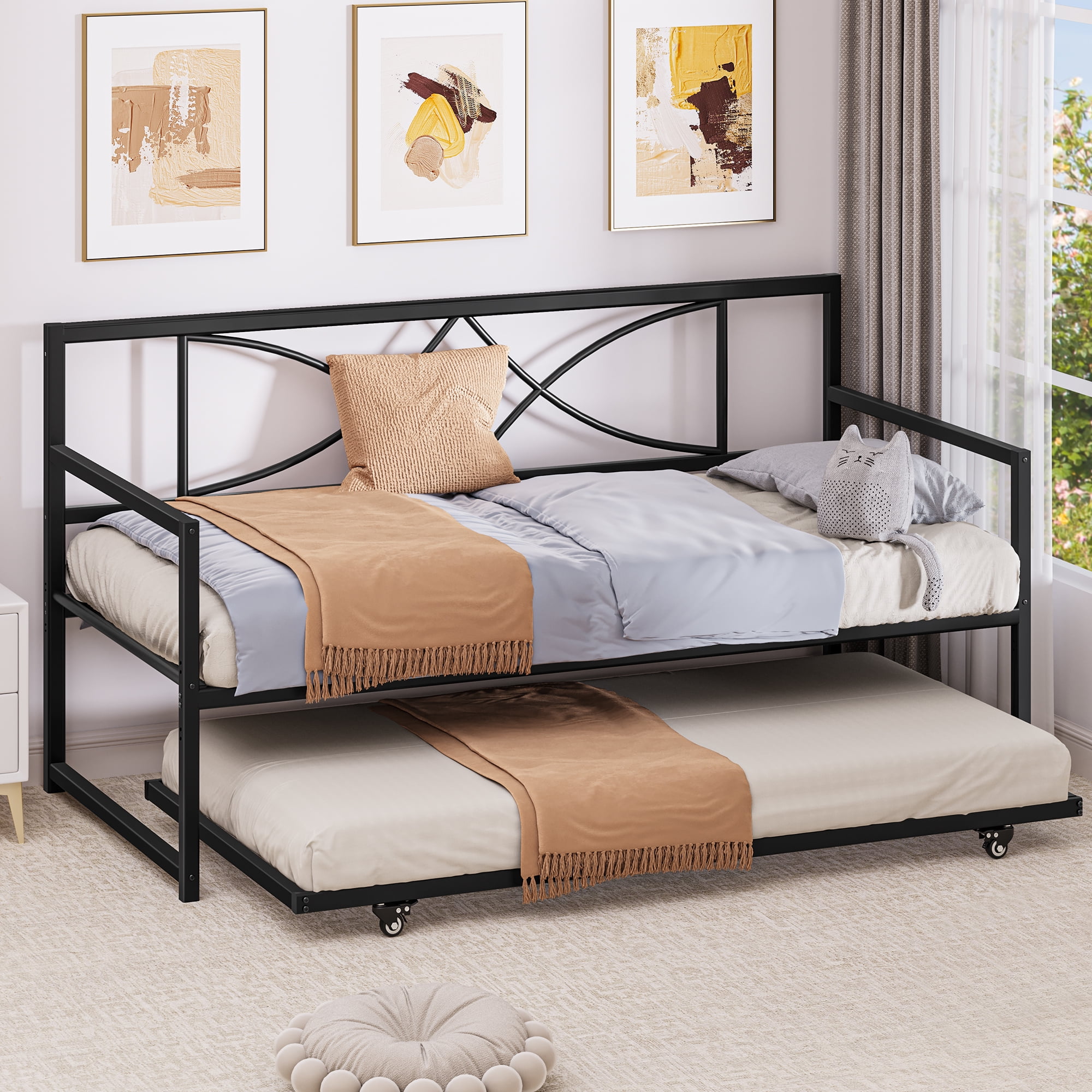Dextrus Twin Daybed with Pull-Out Trundle and Adjustable Height for ...