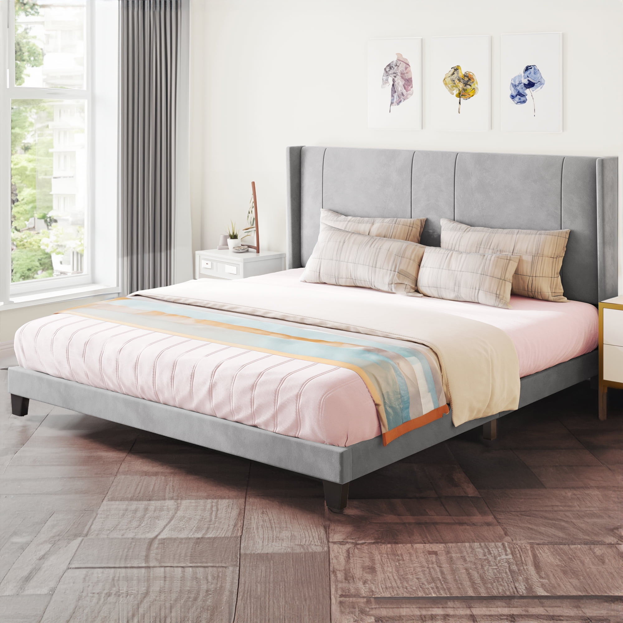 Dextrus Upholstered Bed Frame, Platform Bed Base with Gray Velvet ...