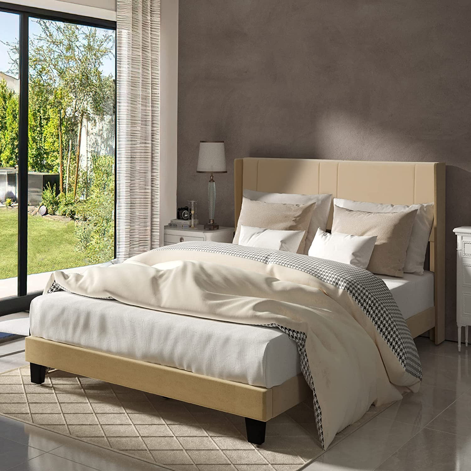 Dextrus King Size Upholstered Bed Frame with Platform, Sturdy Alloy ...