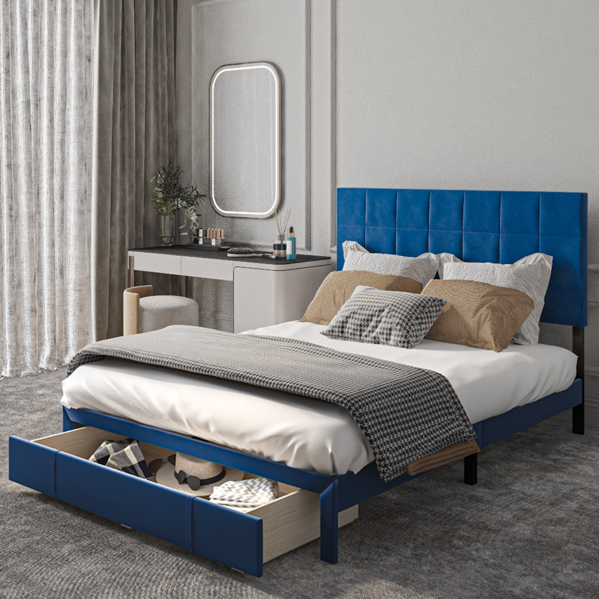 Dextrus Queen Size Upholstered Bed Frame with Velvet Headboard, Storage ...