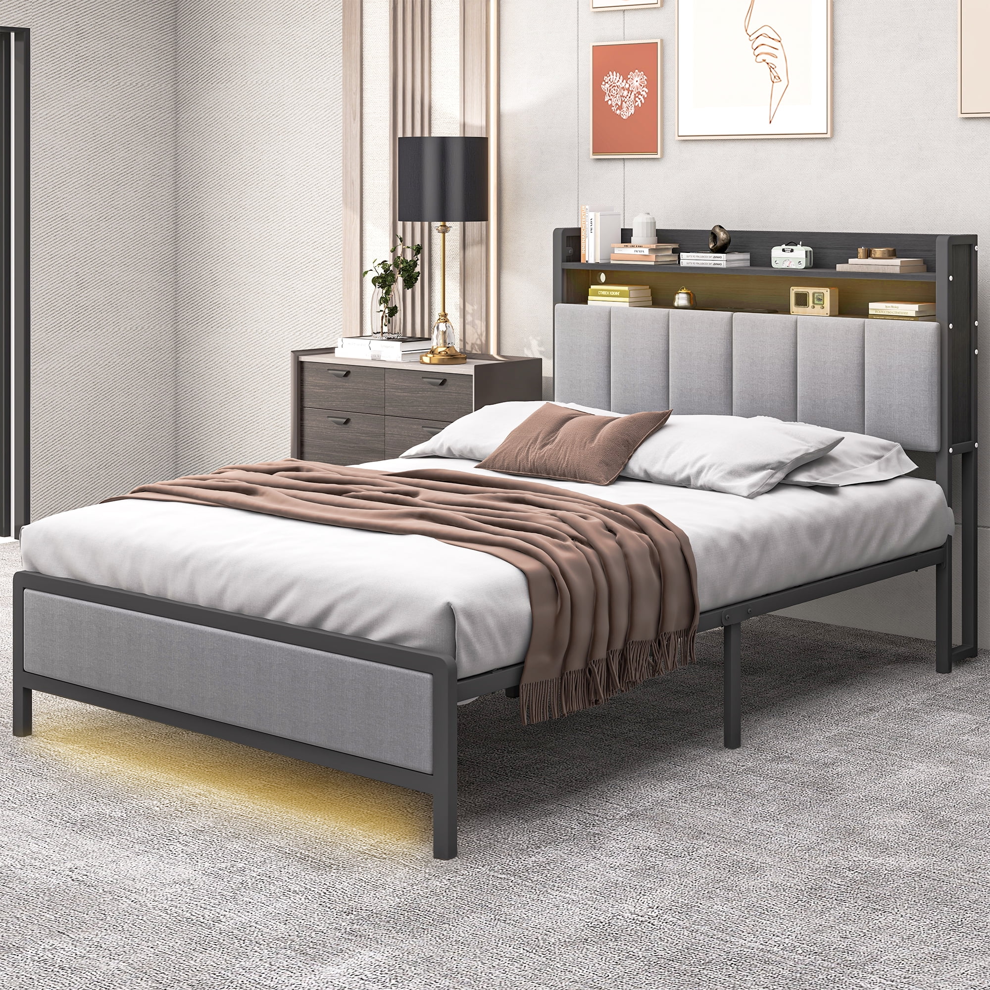Dextrus Upholstered Full Bed Frame with Storage, Integrated Charging ...
