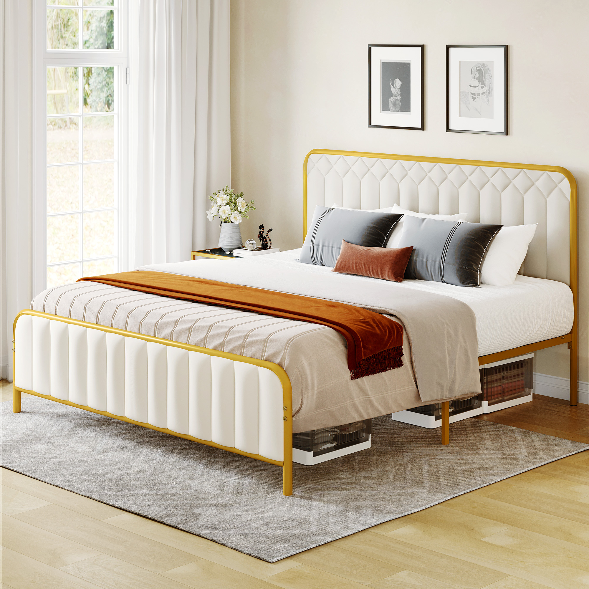 Costway Full Size Upholstered Bed Frame Mattress Foundation Platform ...