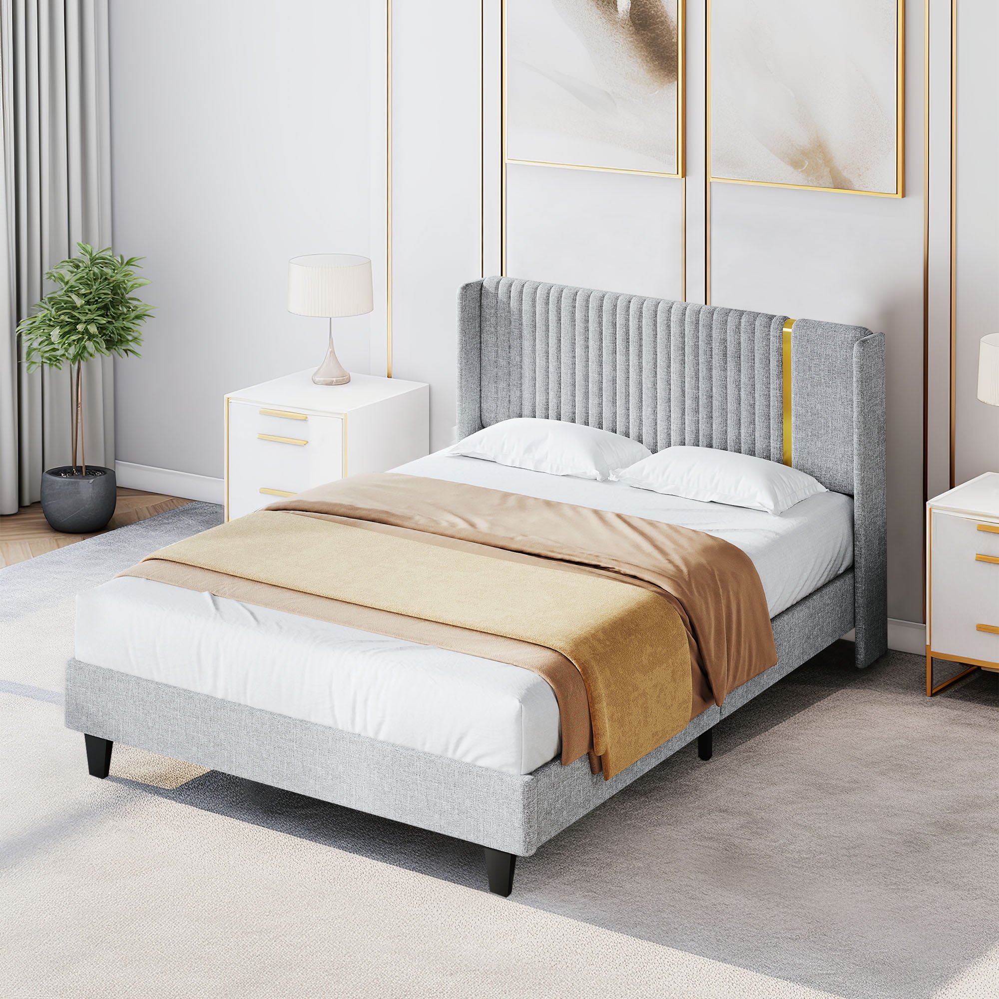 Dextrus Upholstered Queen Bed Frame, Wingback Platform Bed with Wood ...