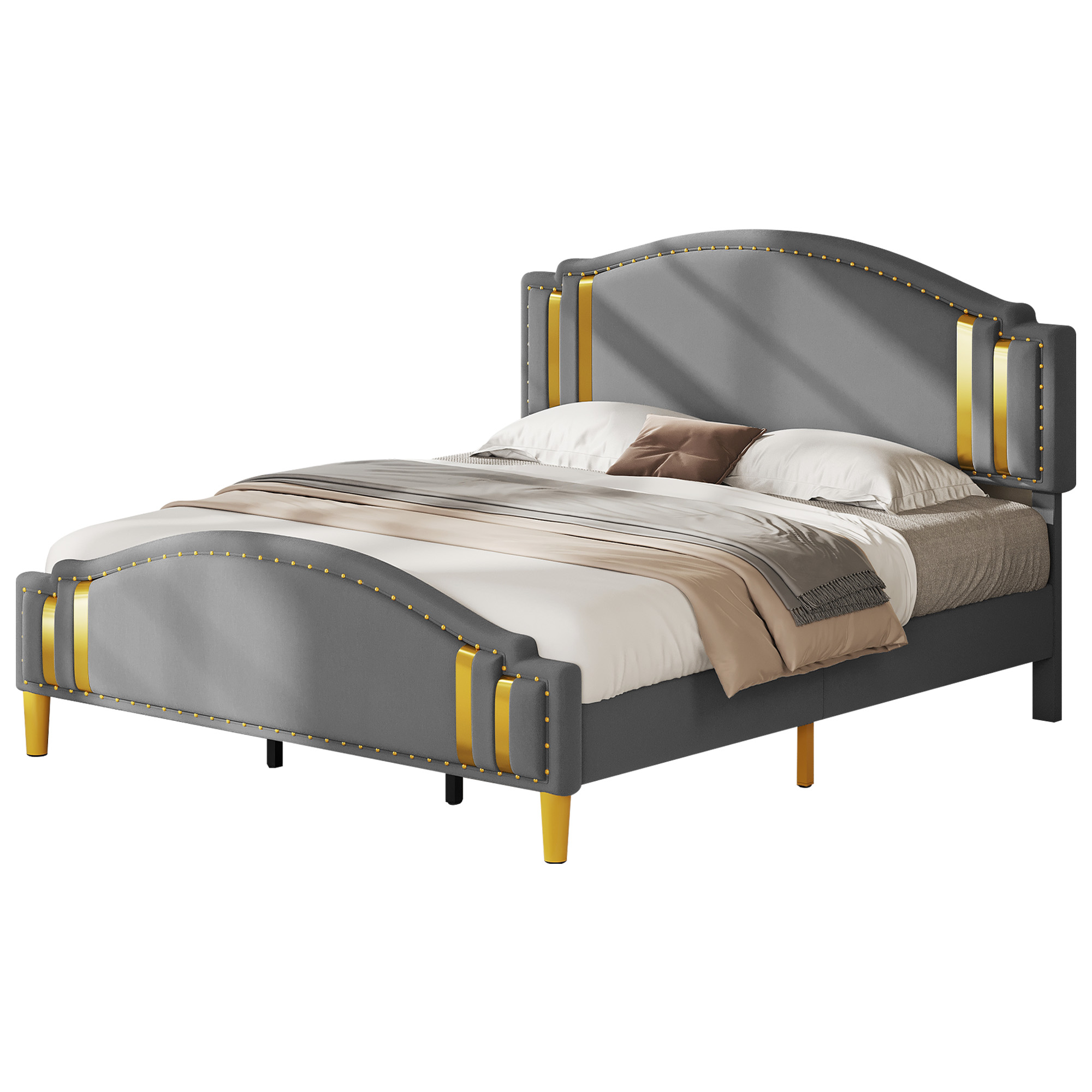 Dextrus Full Upholstered Wingback Platform Bed with Navy Blue Velvet ...