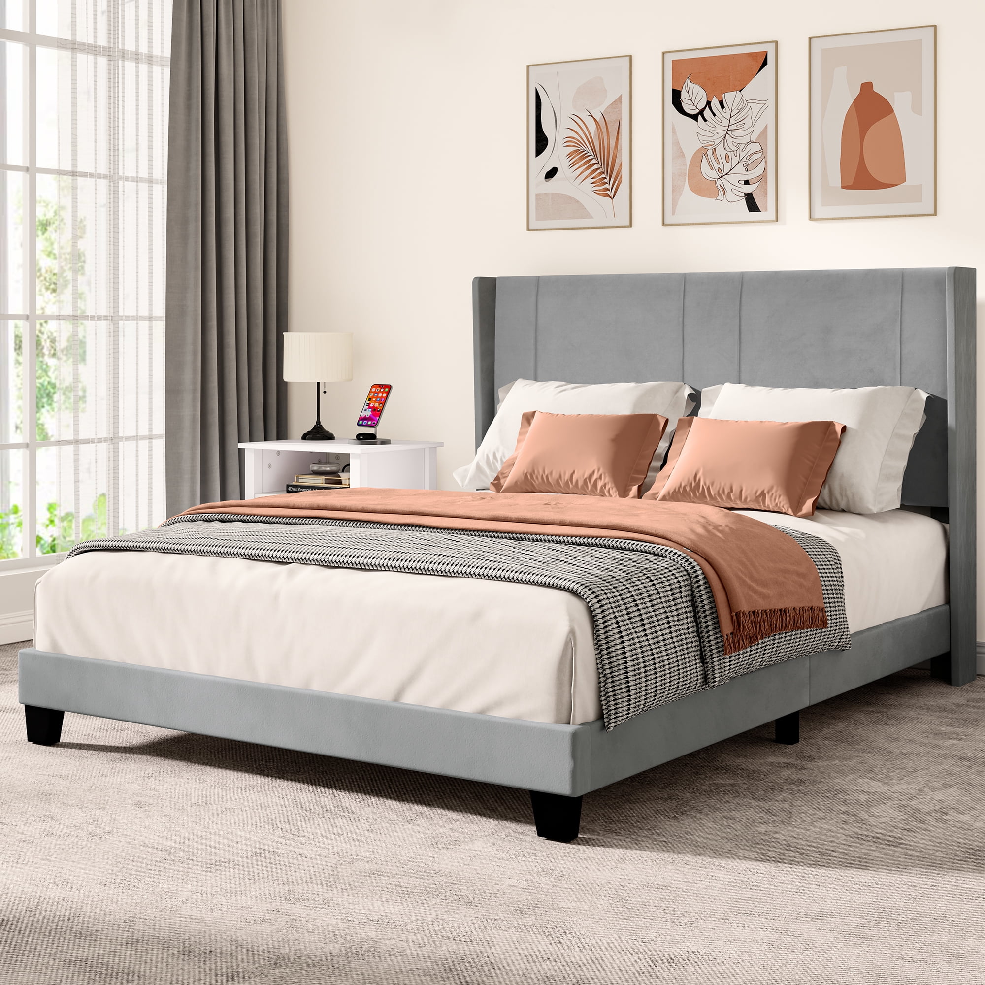 DEXTRUS Queen Upholstered Wingback Platform Bed Gray Velvet Headboard ...