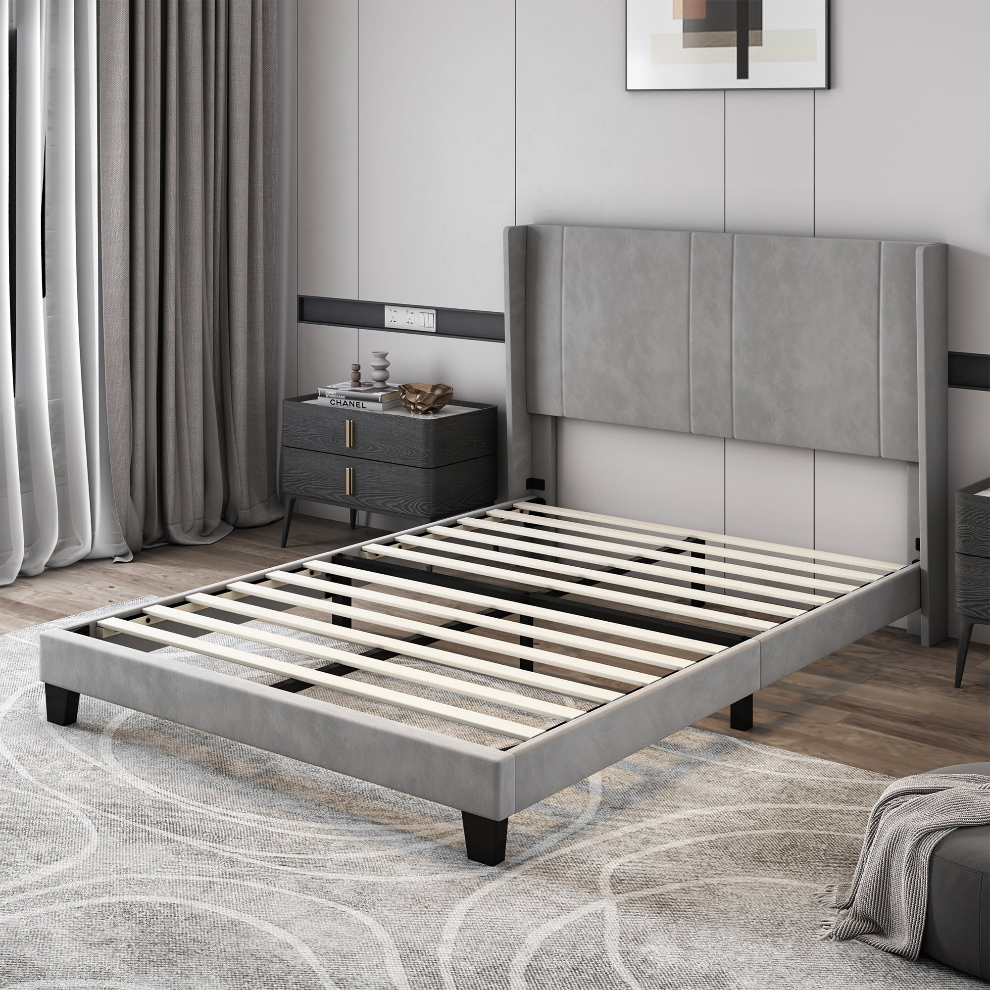 Dextrus Upholstered Wingback Platform Bed with Gray Velvet Headboard ...