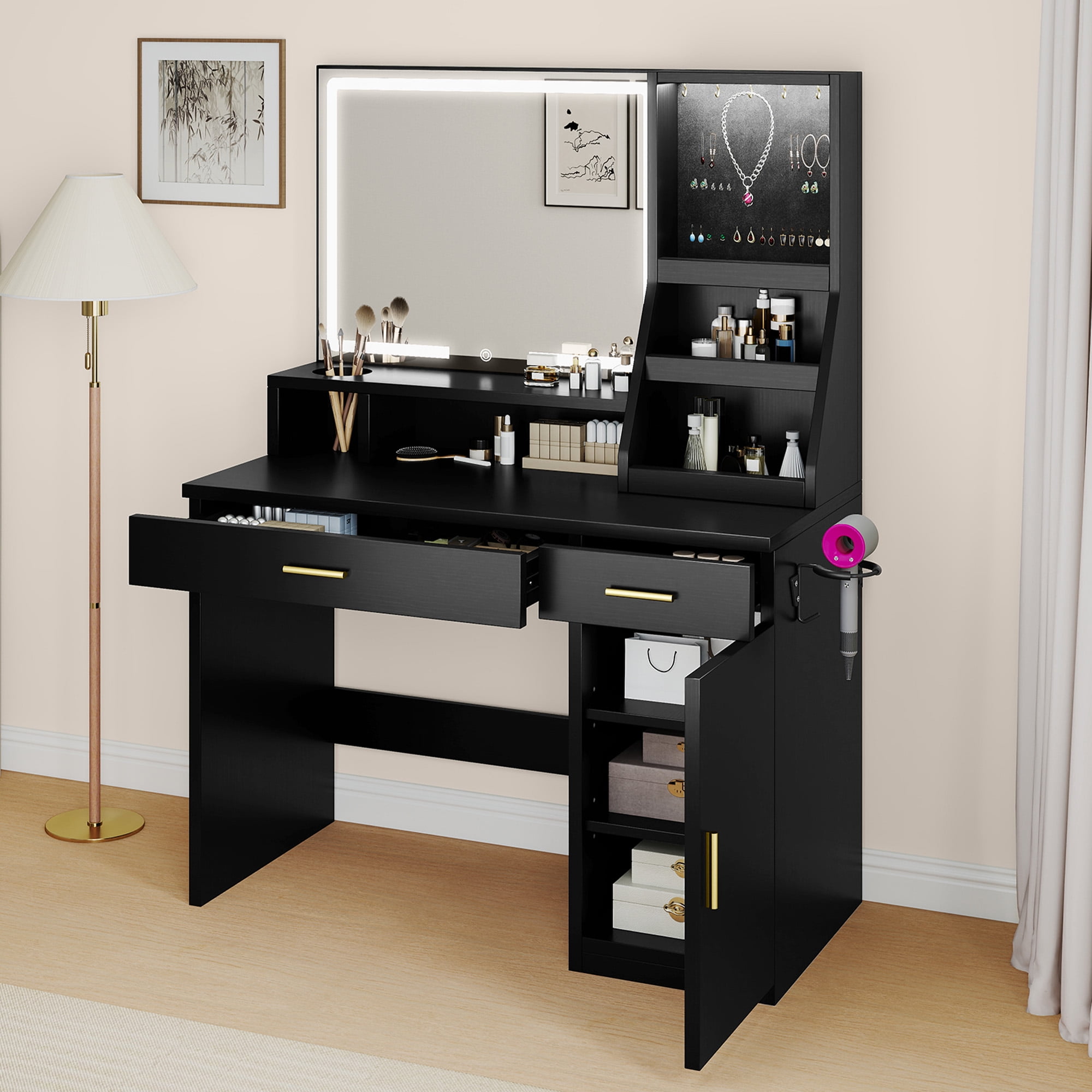 Dextrus Vanity Desk with Lighted Mirror and Power Outlet, Makeup Vanity ...