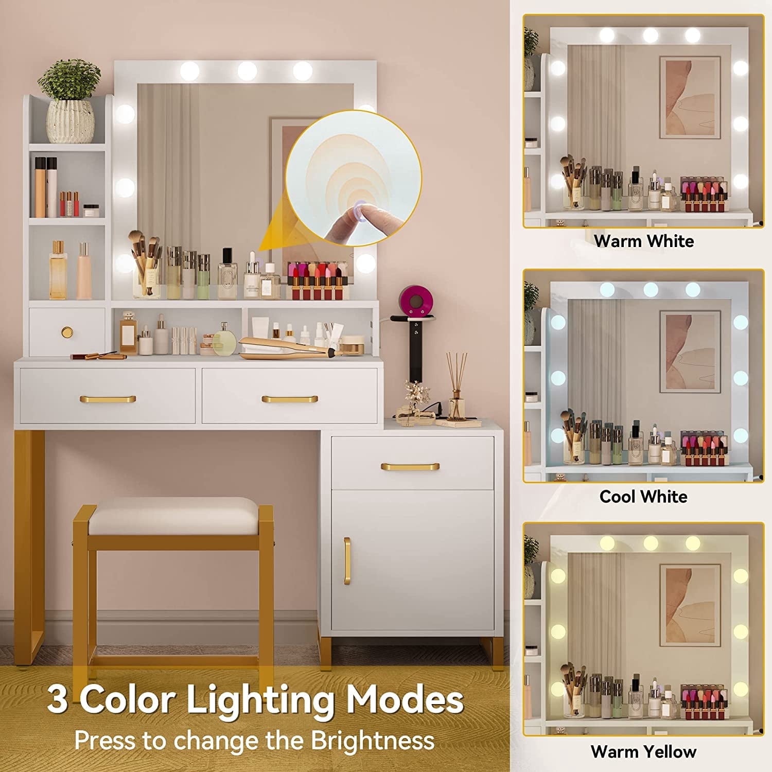 Dextrus Vanity Desk with Mirror, Lights and Drawers, Vanity Mirror with ...