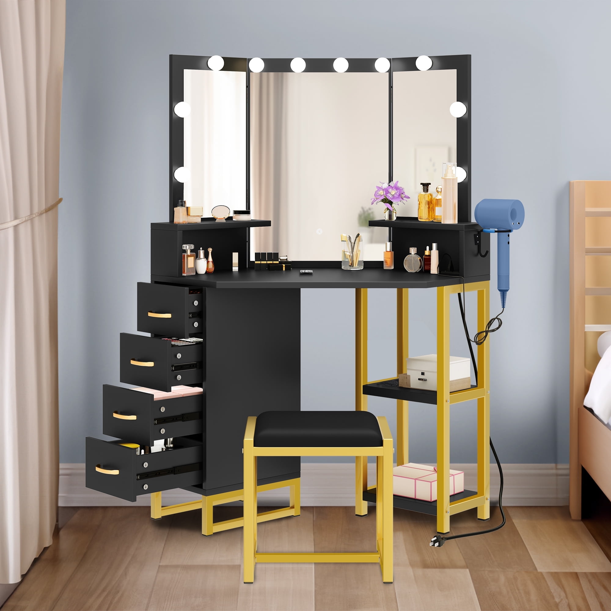 Dextrus Vanity Desk with Power Outlet and Lights, 3 Color Lighting ...