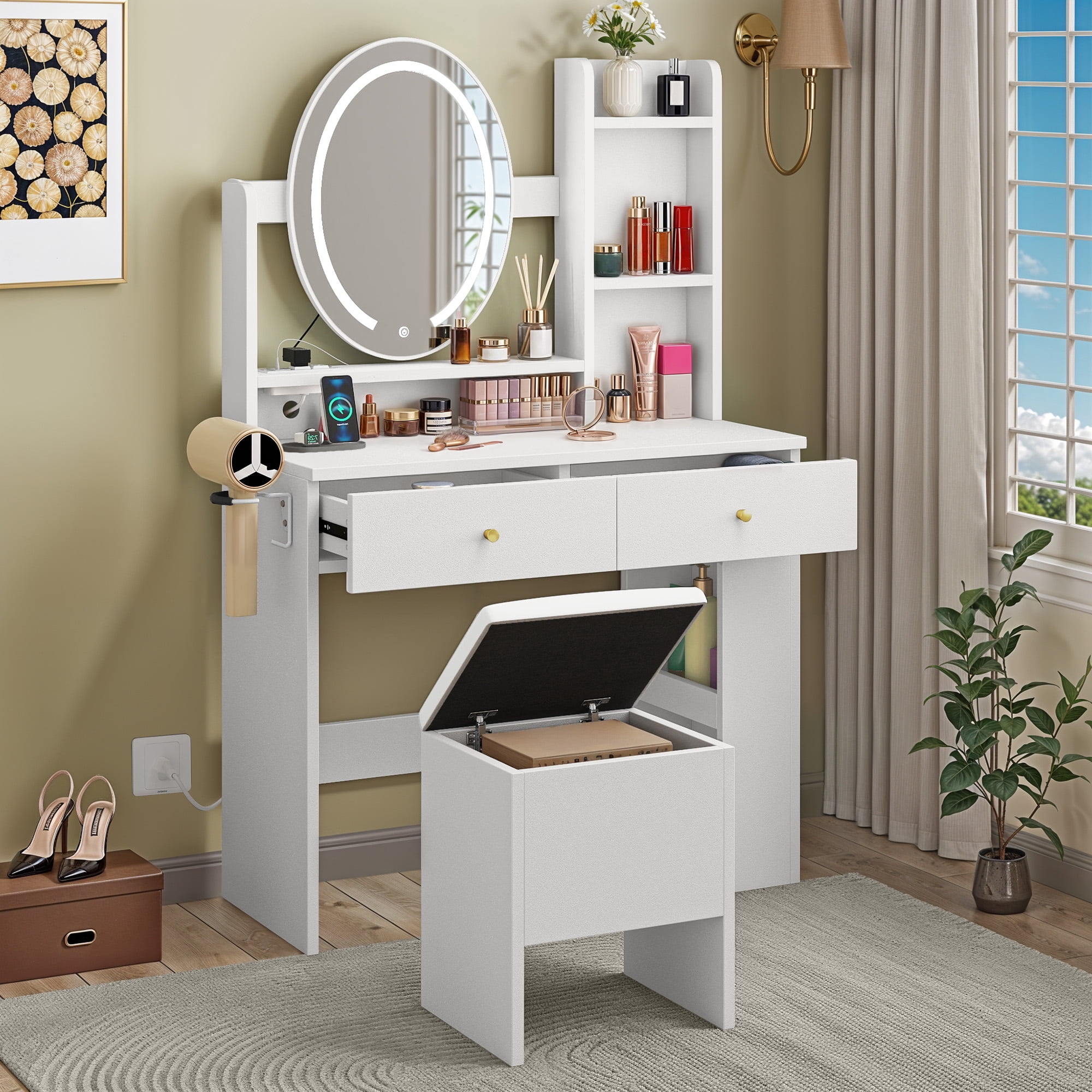Dextrus Vanity Desk Set with LED Light Mirror & Power Outlet, Makeup ...