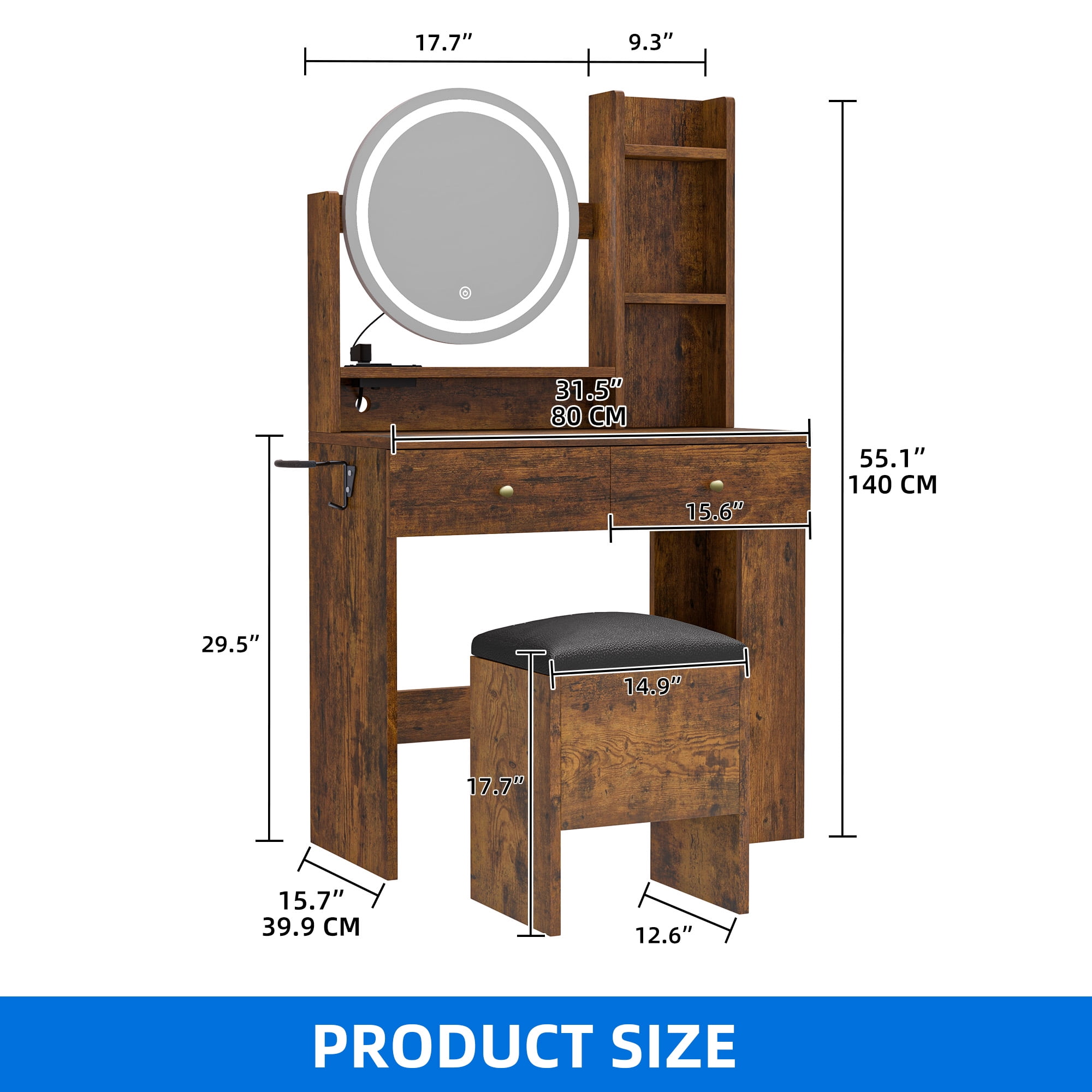 Dextrus Vanity Desk Set with LED Light Mirror & Power Outlet, Makeup ...