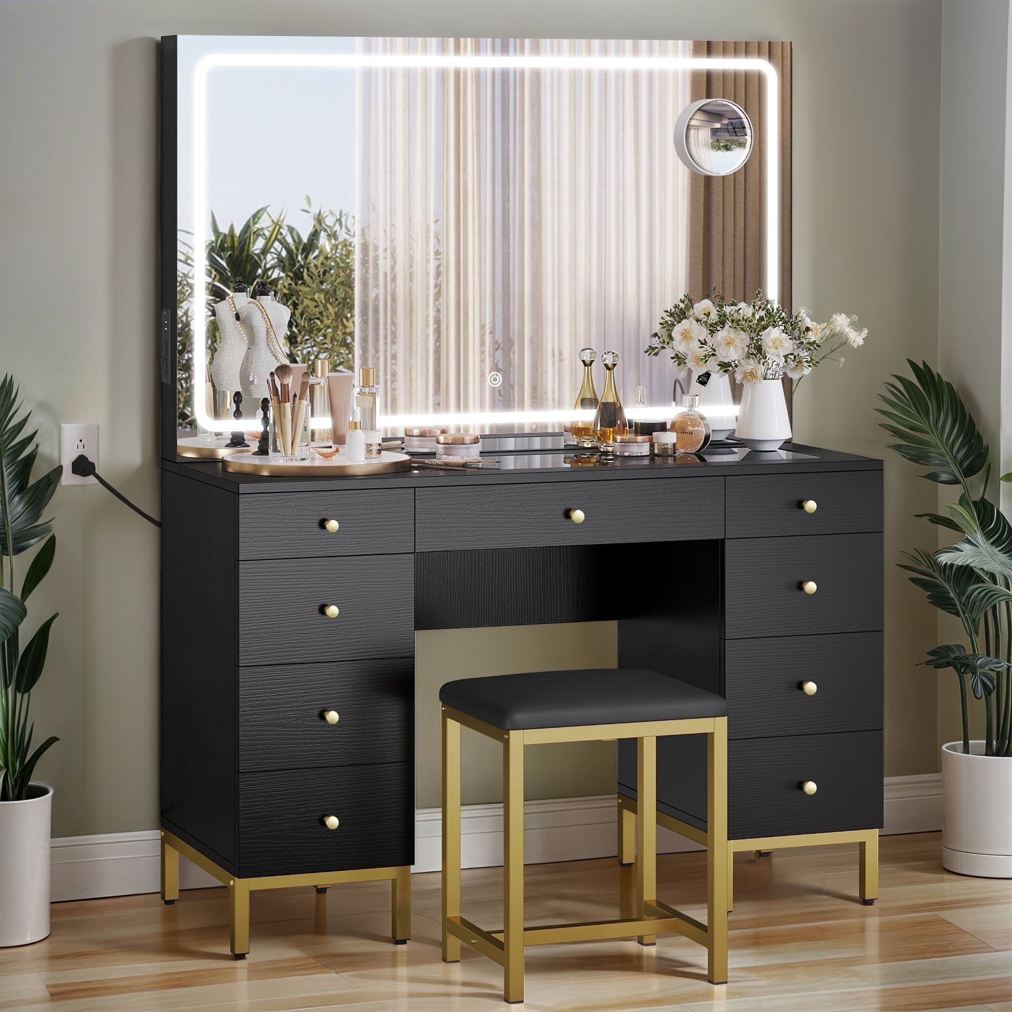 Dextrus Vanity Set with Lighted Mirror, Charging Station, Stool, 9 ...
