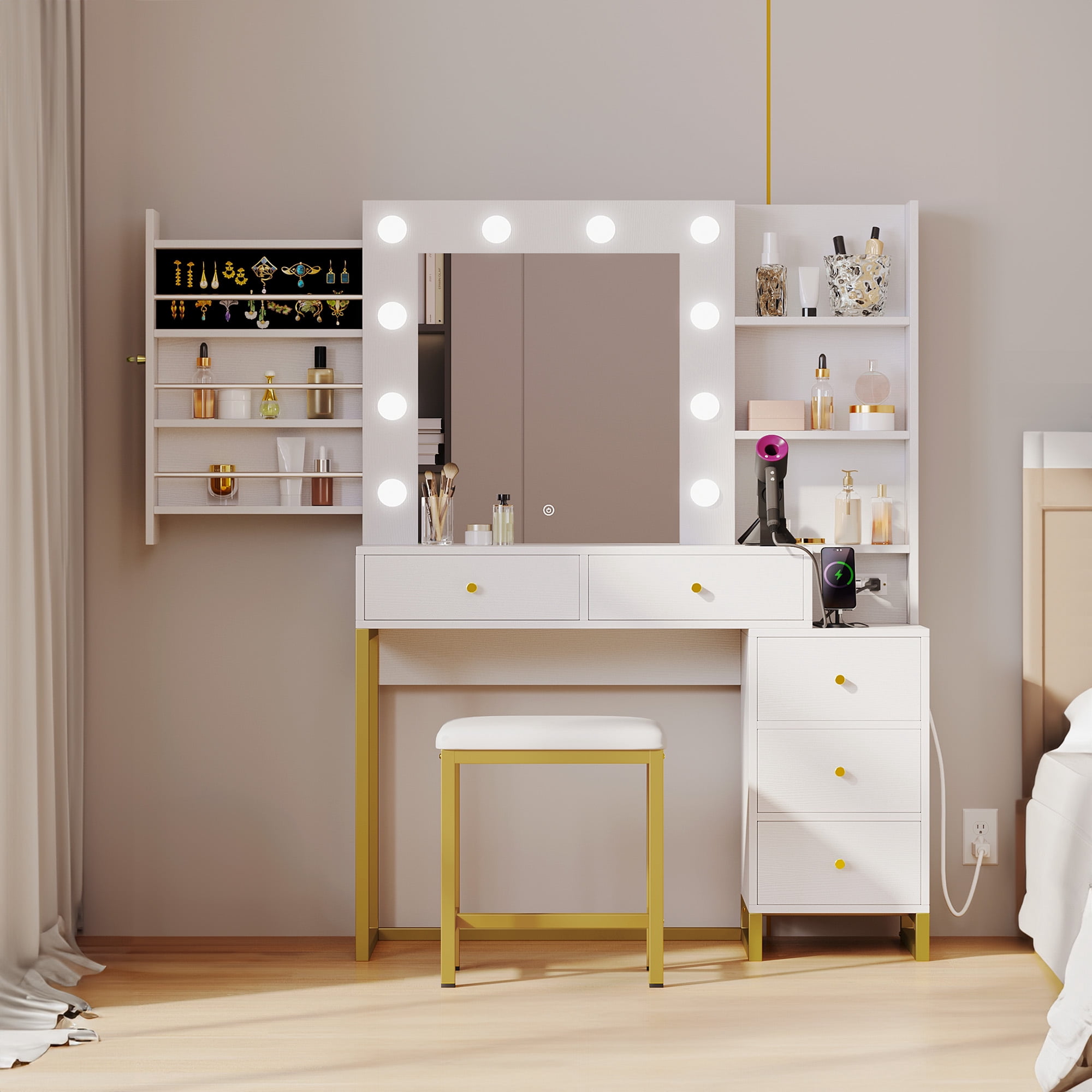 Dextrus Vanity Table Set with 3 Color Lighted Mirror & Stool,Dressing ...